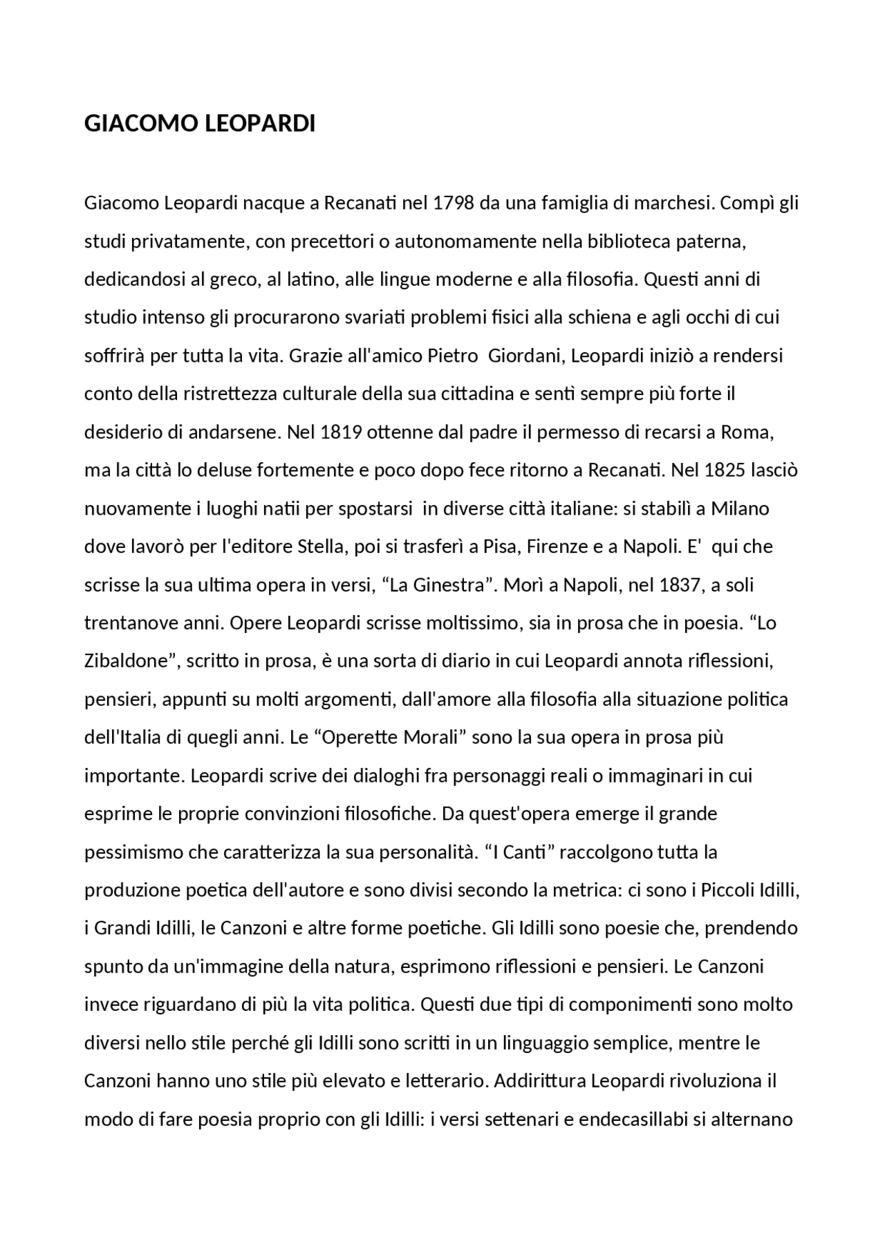 Dispense su giacomo leopardi - Docsity