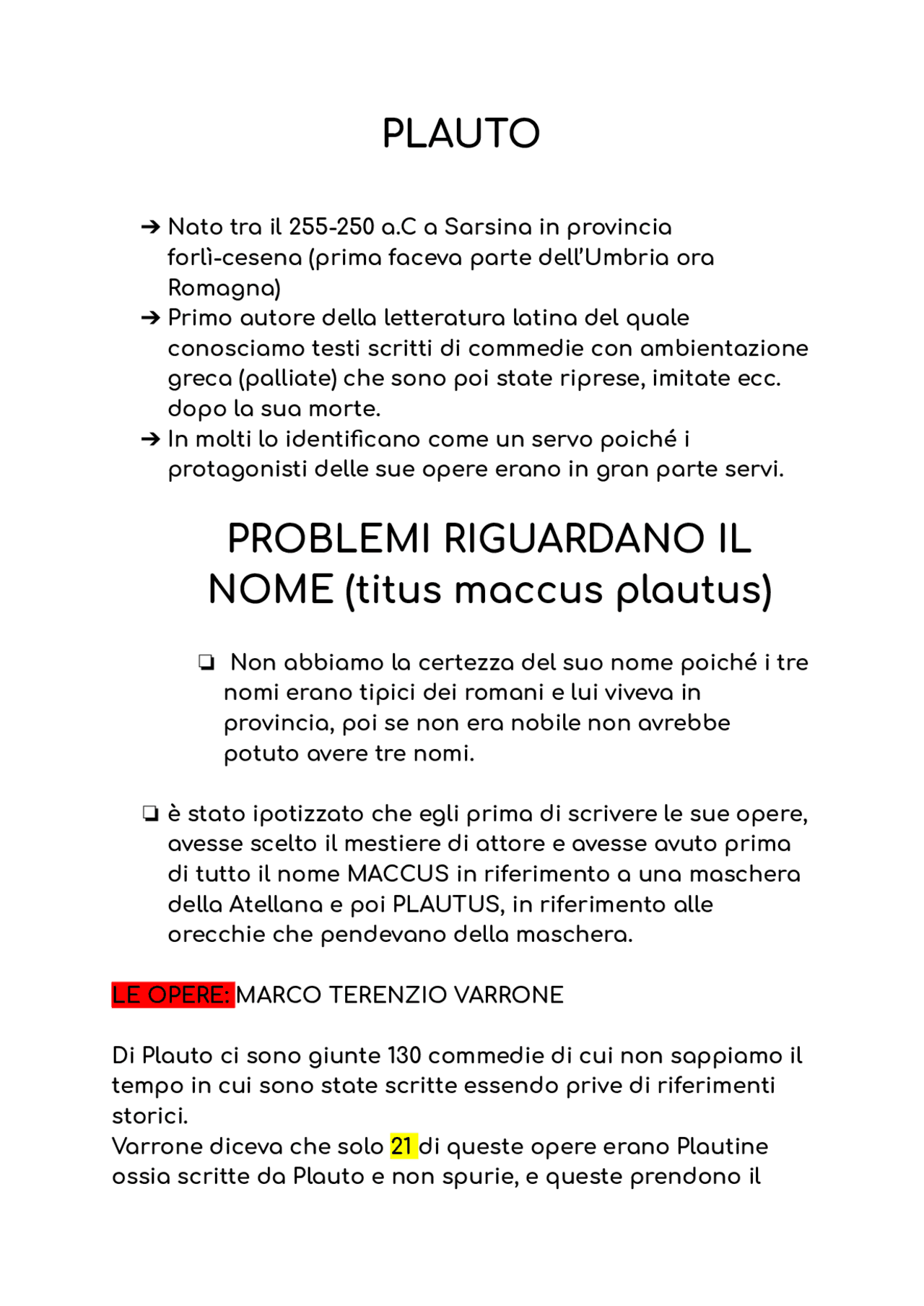Plauto Vita Opere Docsity