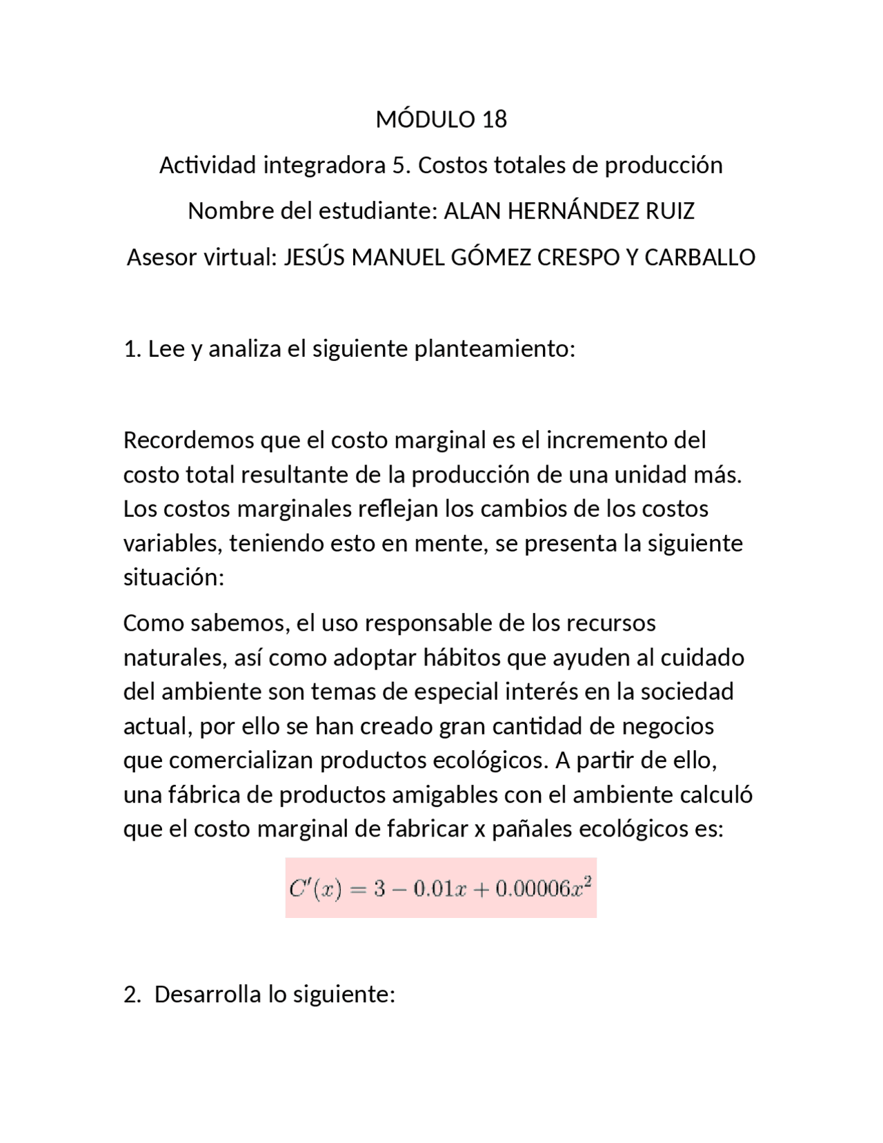 Actividad Integradora 5 Costos Totales De Producción Docsity