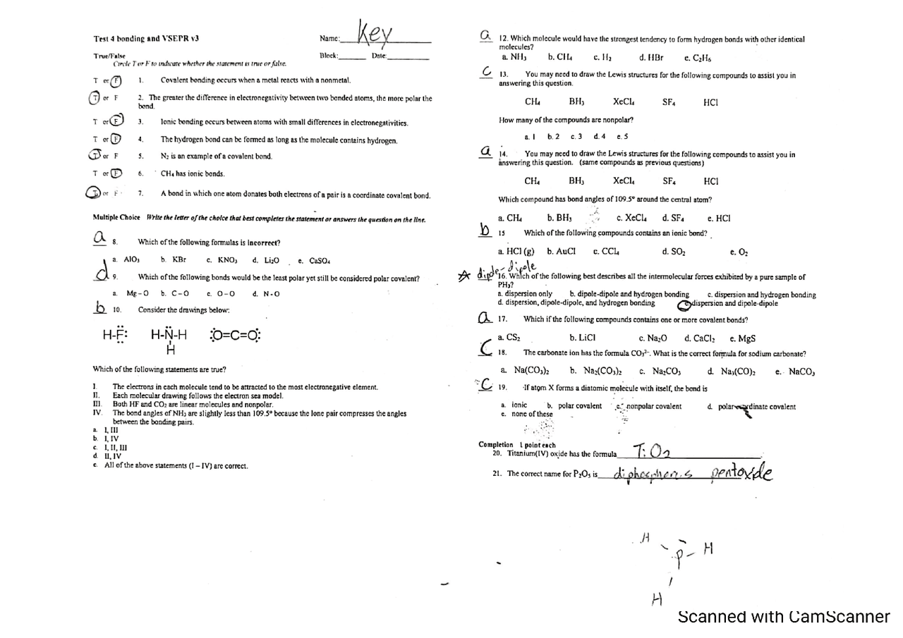 Unit 4 Chemistry 1 Honors Quiz Answer Key Docsity