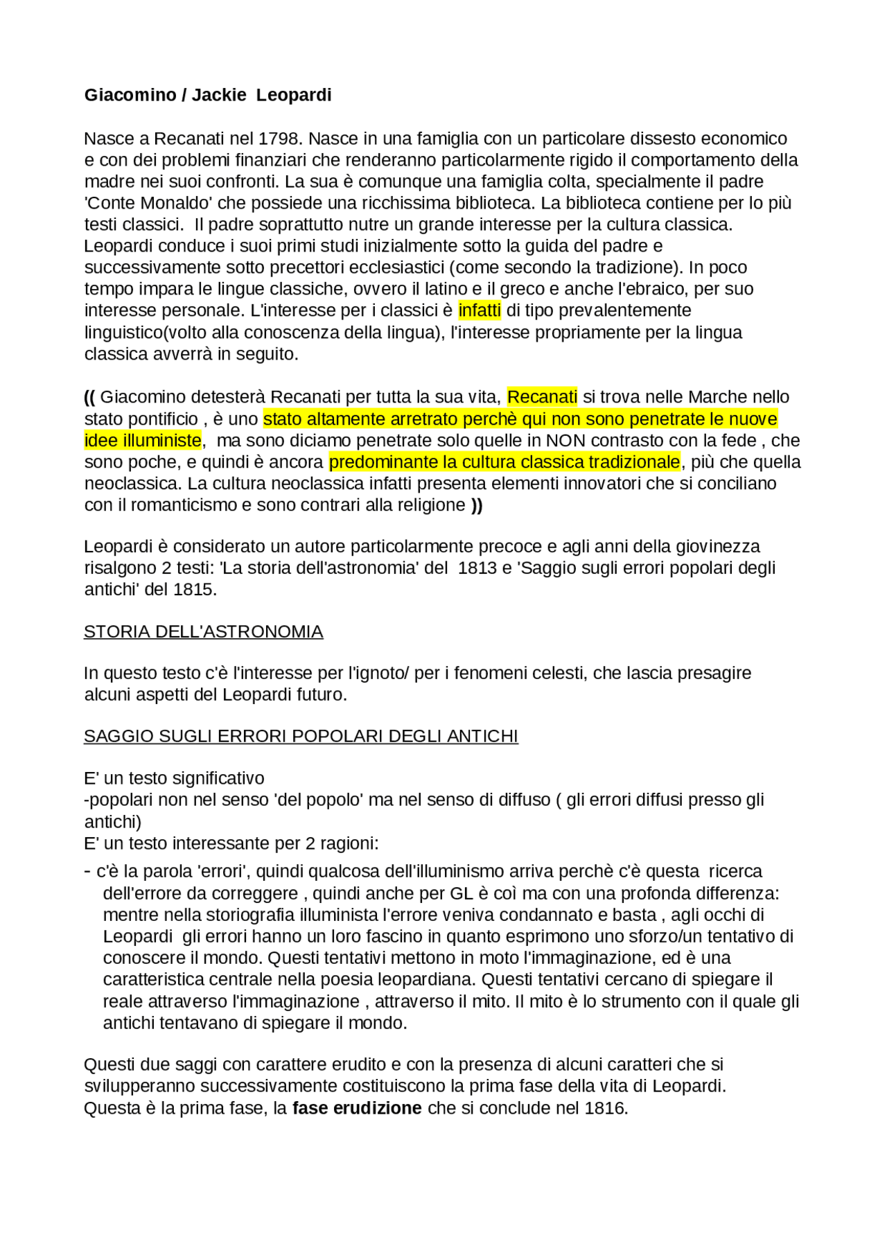 Leopardi Vita E Opere Docsity