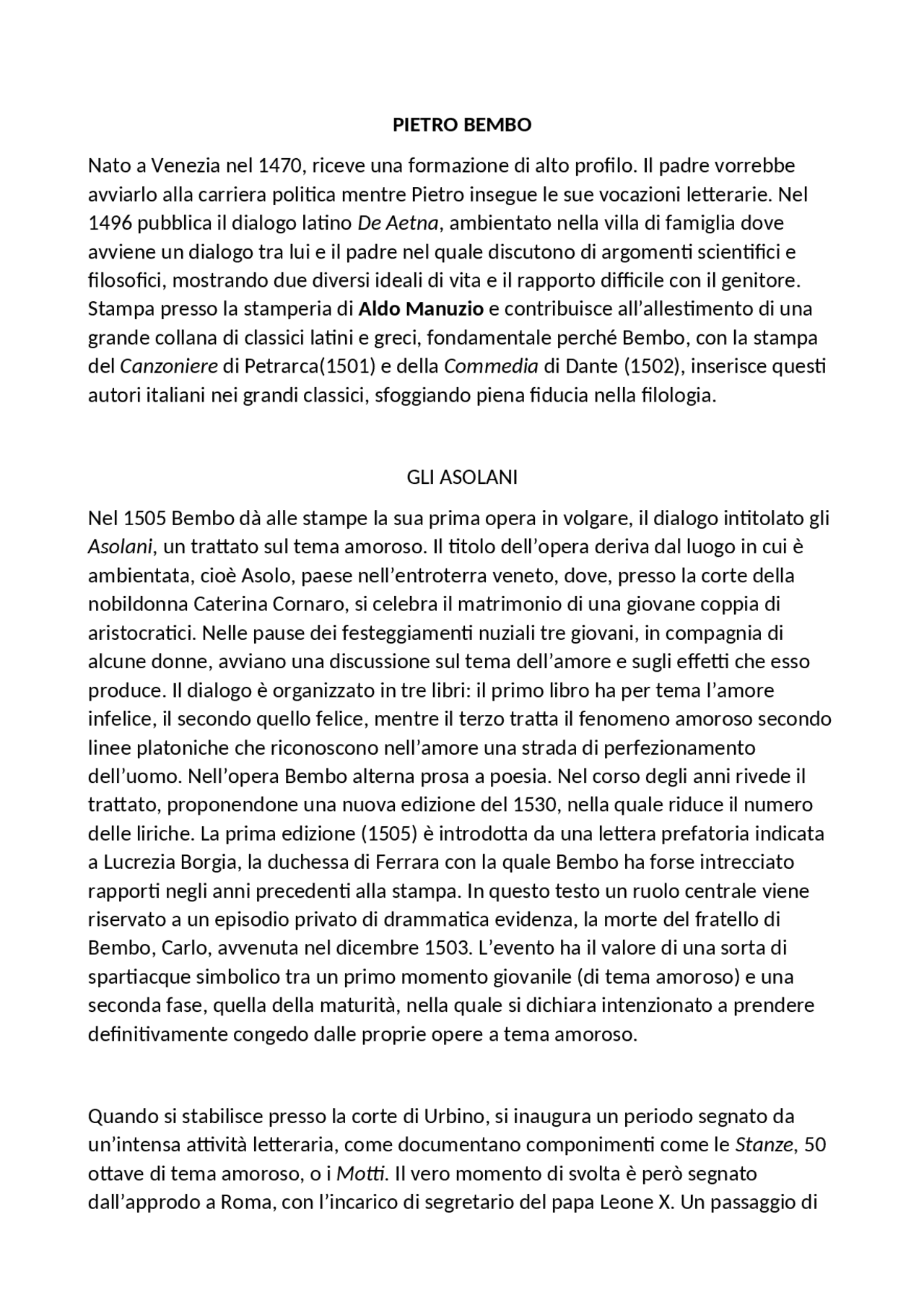 Pietro Bembo Riassunto Dal Manuale Docsity