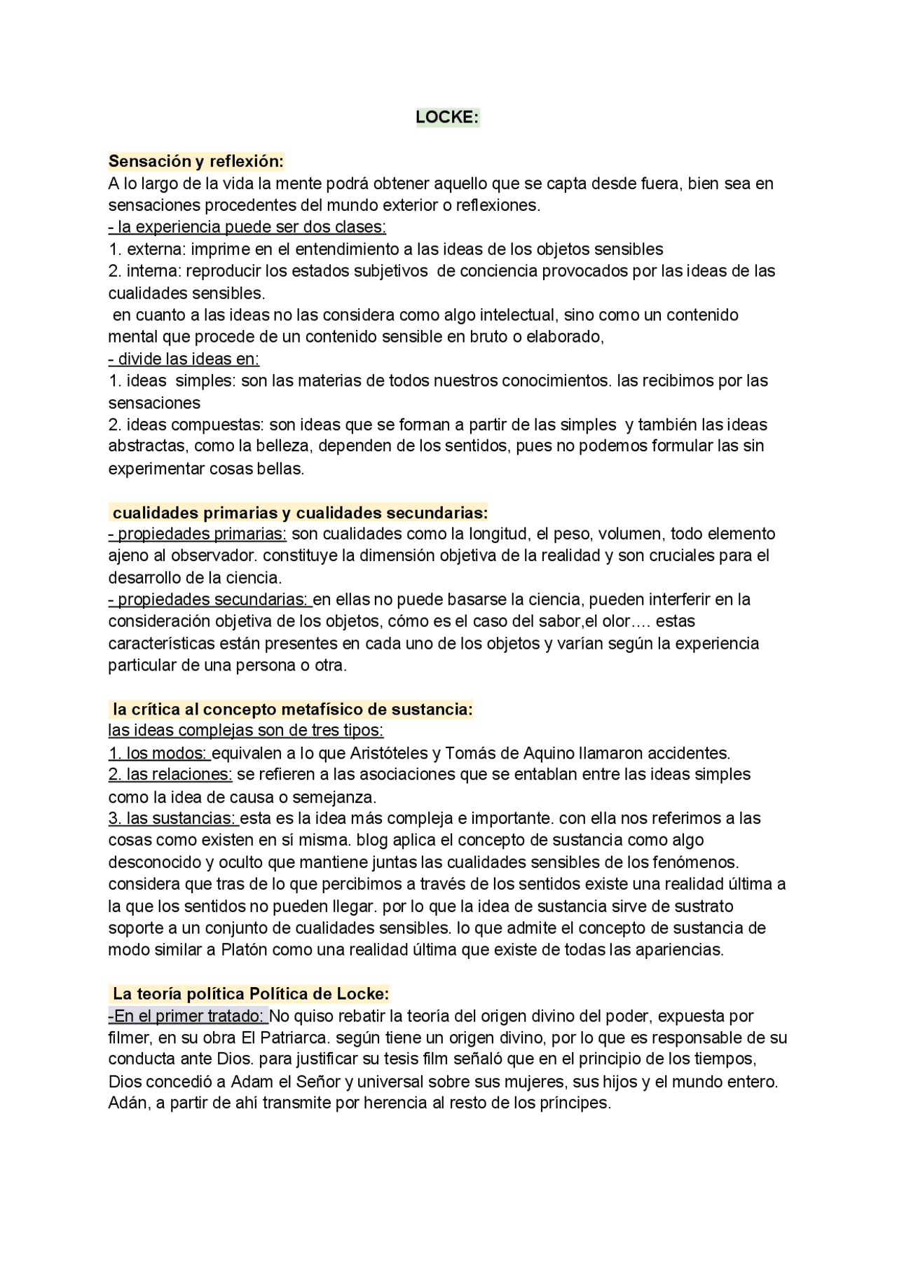 Apuntes De Locke Segundo De Bachillerato Docsity
