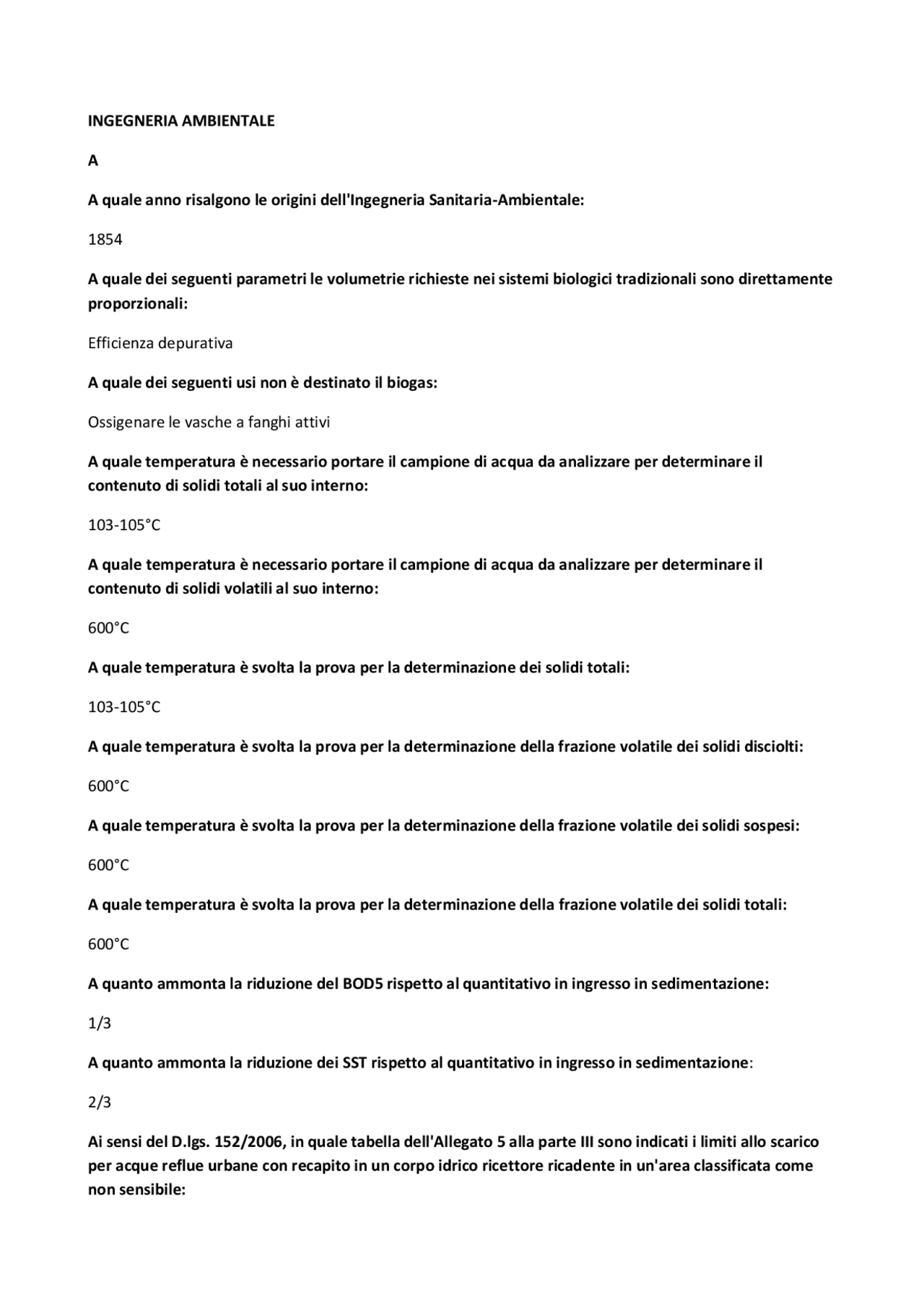 Test Fine Lezione Ingegneria Ambientale Docsity