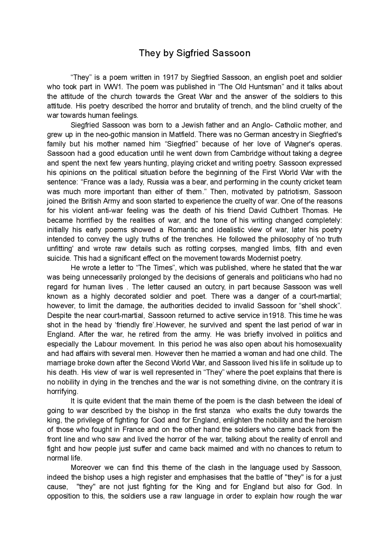 They By Sassoon - poesia | Schemi e mappe concettuali di Inglese | Docsity