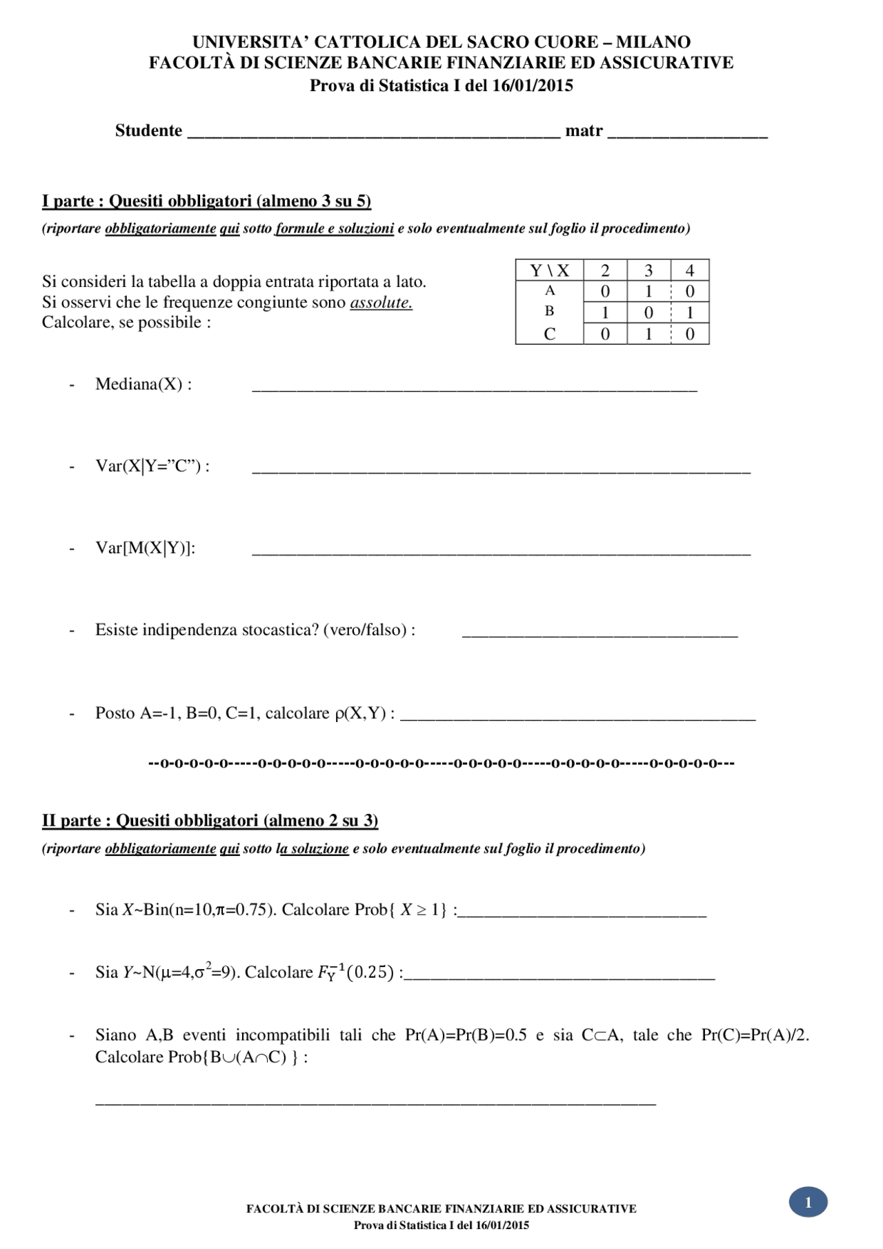 Prova Esame Cattolica Docsity