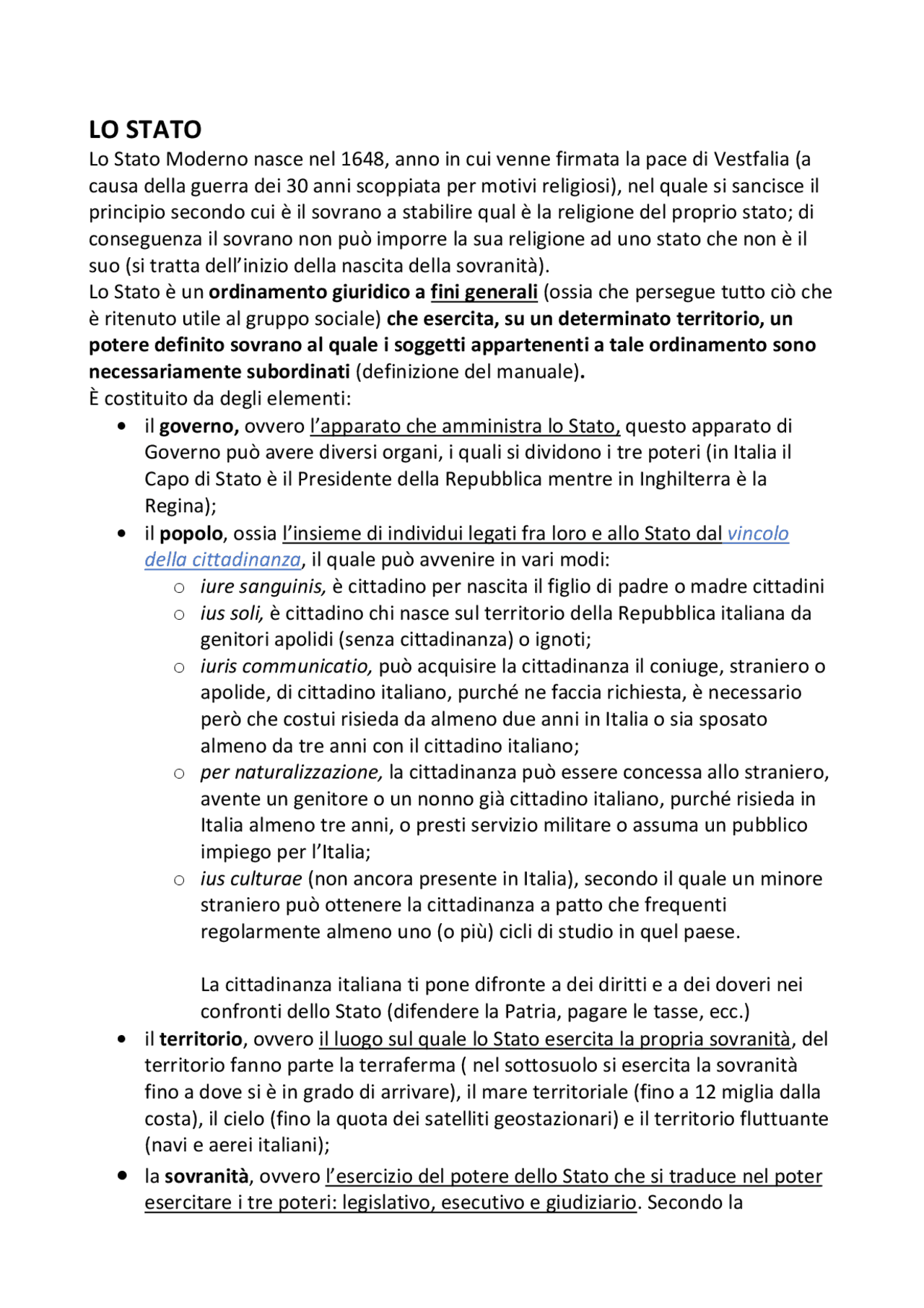 Lo Stato moderno e le sue caratteristiche - Docsity