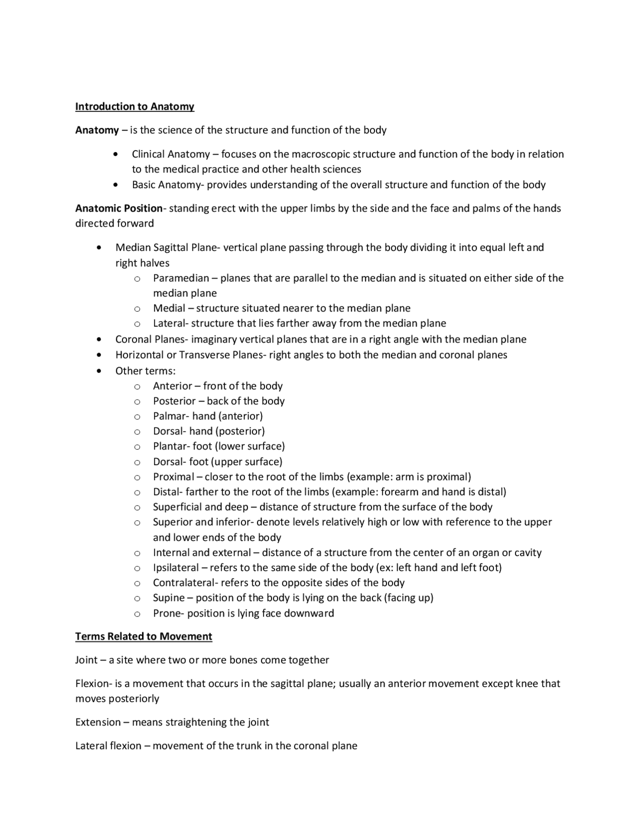 Introduction To Anatomy Docsity