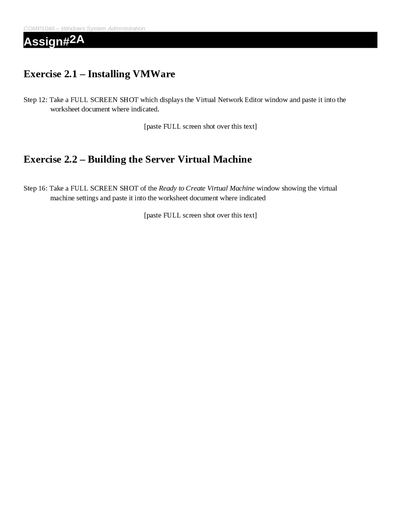Install VM ware worksheet - Docsity