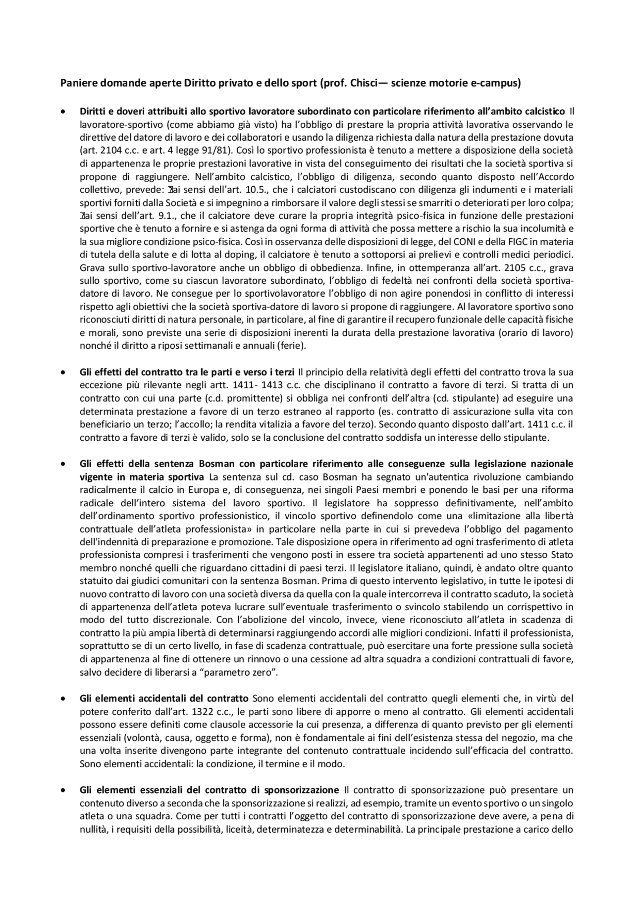Paniere domande aperte Diritto Privato e dello sport | Panieri di Diritto Privato | Docsity