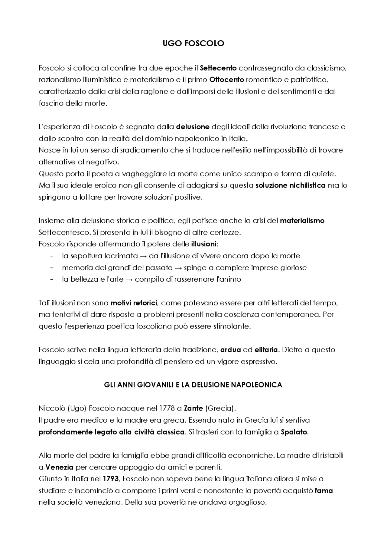 Ugo Foscolo Riassunto Docsity