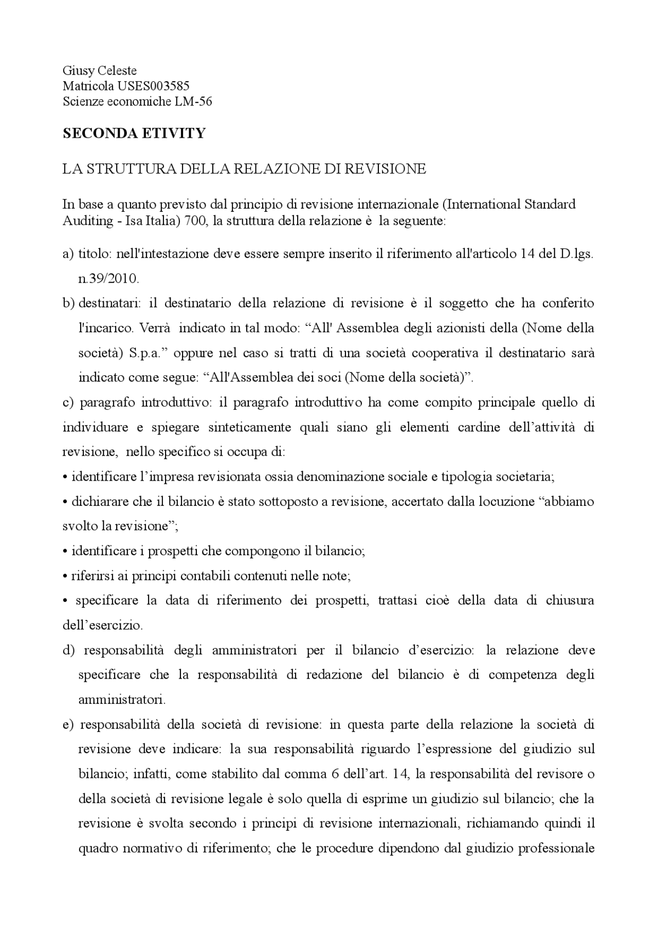 Seconda Etivity Revisione Aziendale Docsity