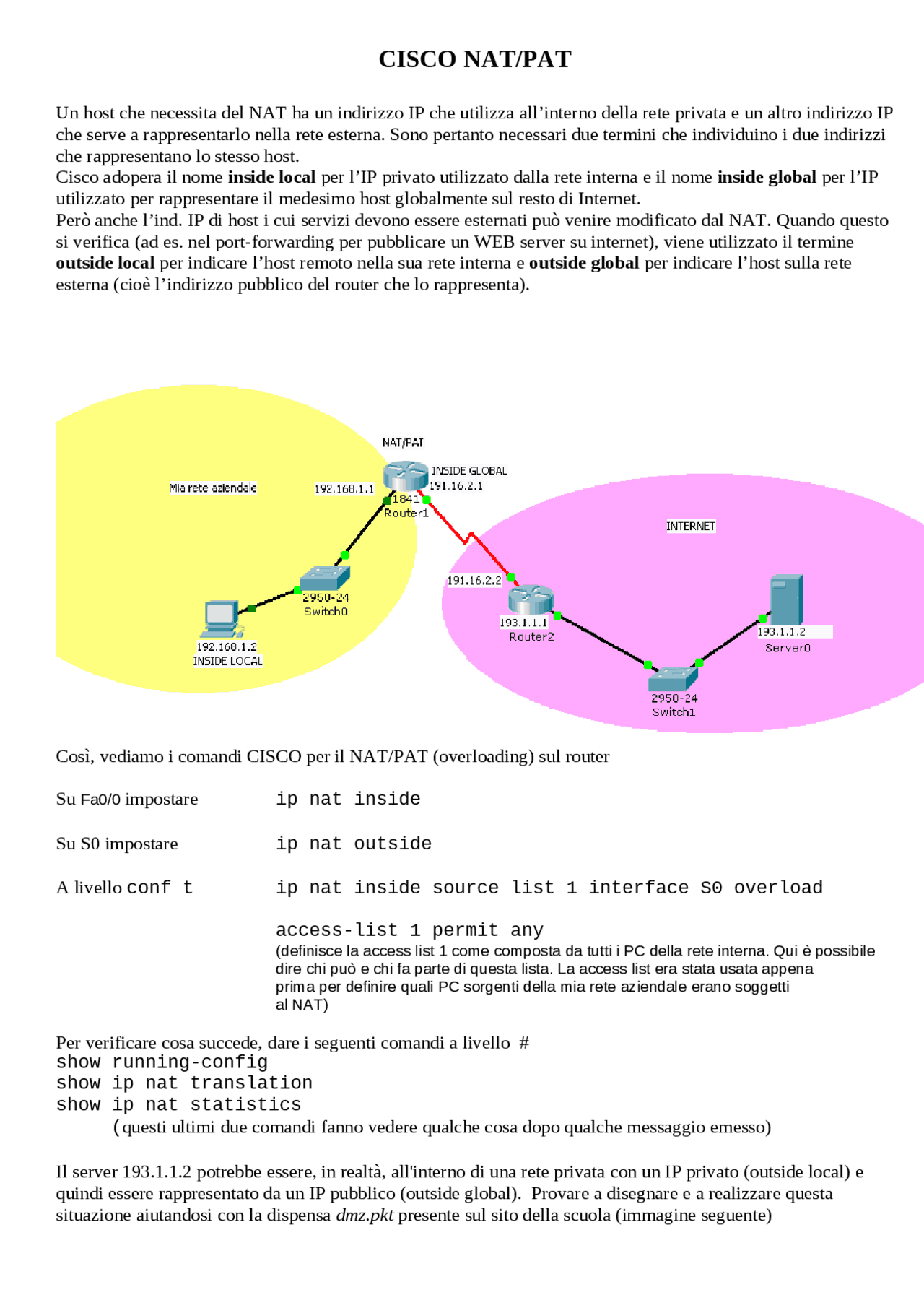 NAT PAT Cisco packet tracer | Notas de estudo de Sistemi di reti | Docsity