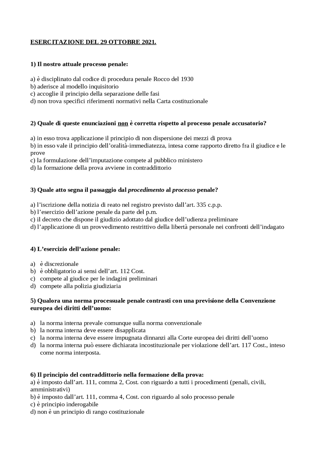 Esercitazione Test Procedura Penale Docsity