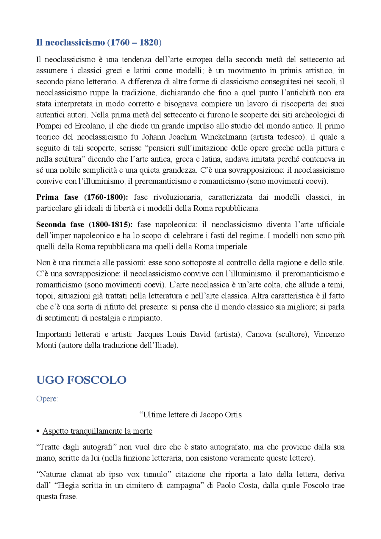Appunti Ugo Foscolo E Neoclassicismo Docsity
