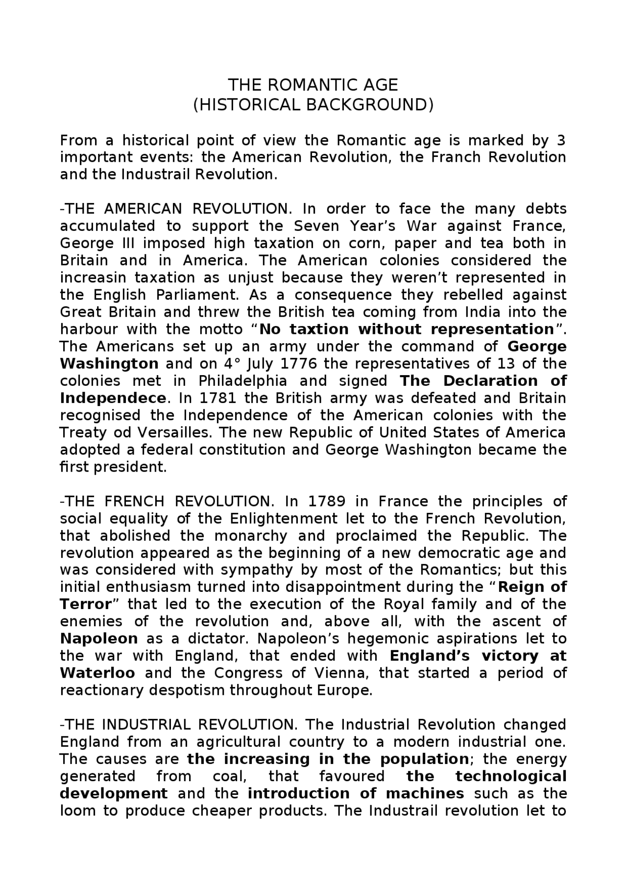 The Romantic Age Historical Background Docsity
