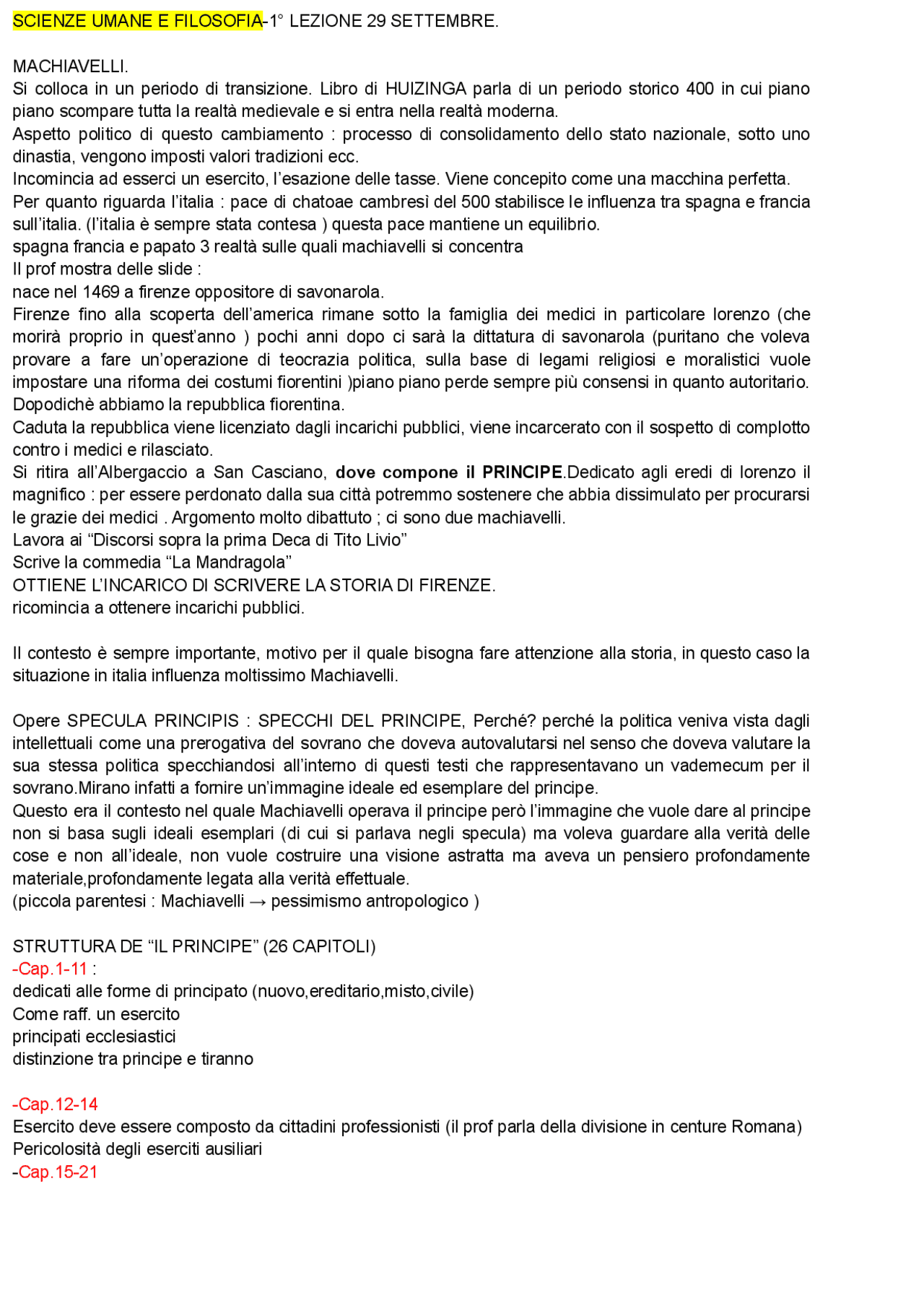 Appunti Della Lezione Di Scienze Umane E Filosofia Machiavelli Docsity