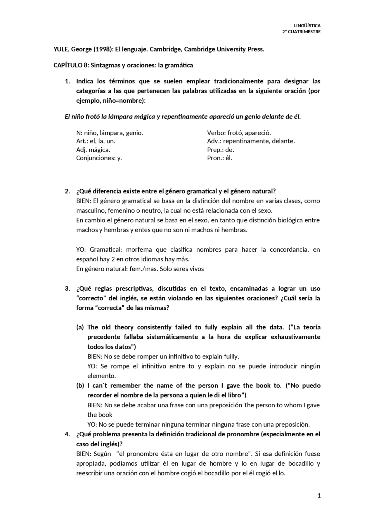 Ejercicios De Gramática Docsity