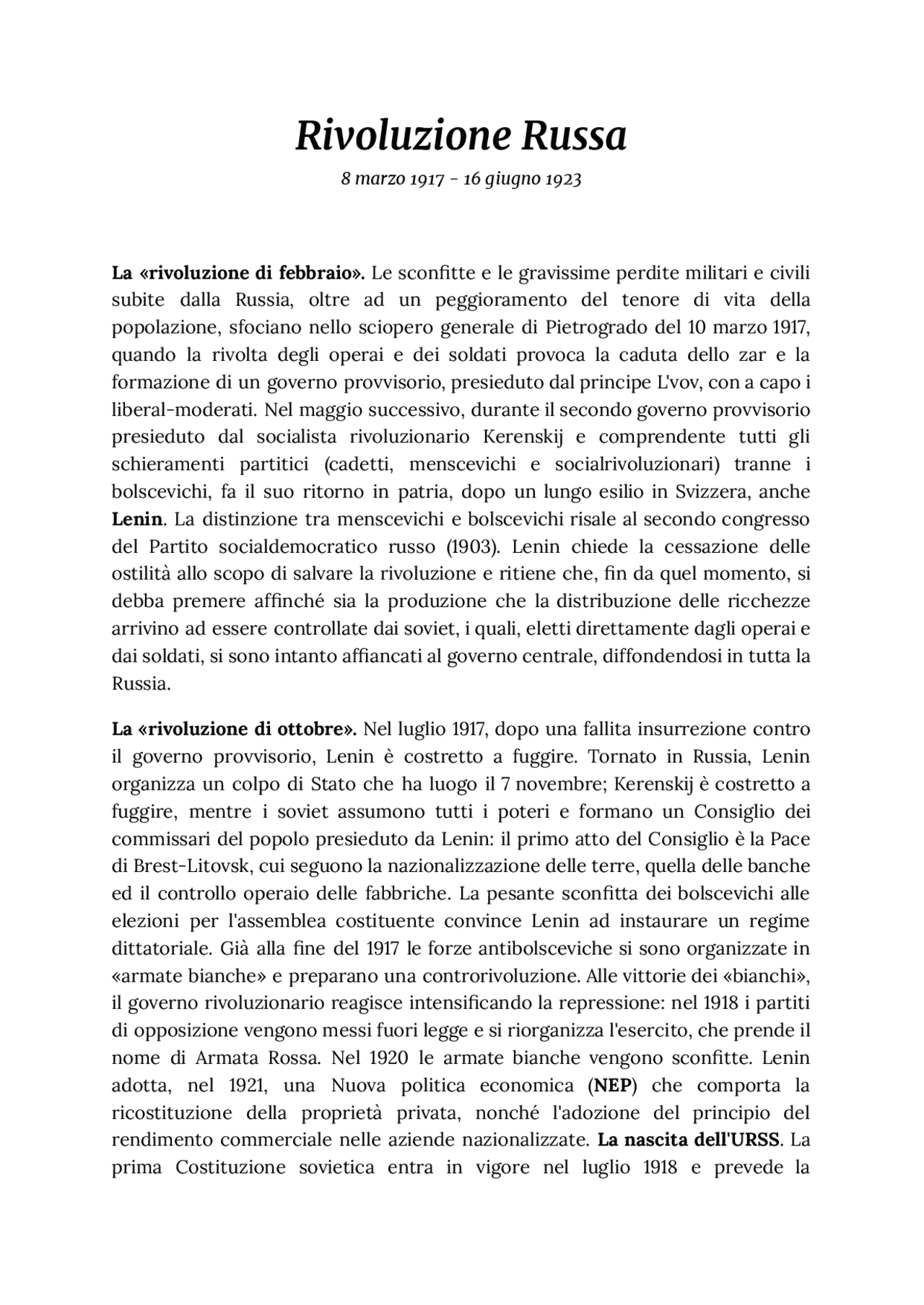 Appunti Della Rivoluzione Russa Docsity