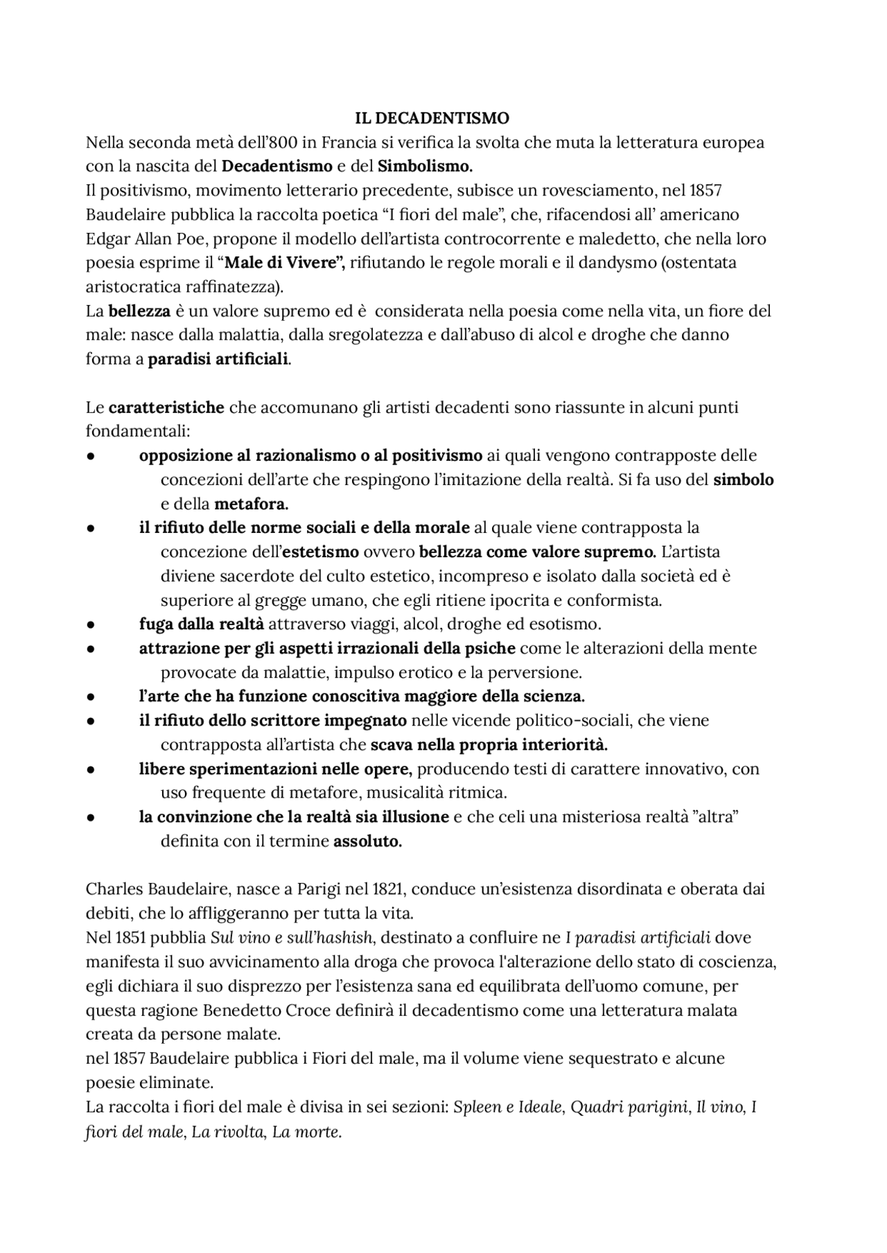 Decadentismo Simbolismo Ed Estetismo Decadente Sintesi Docsity