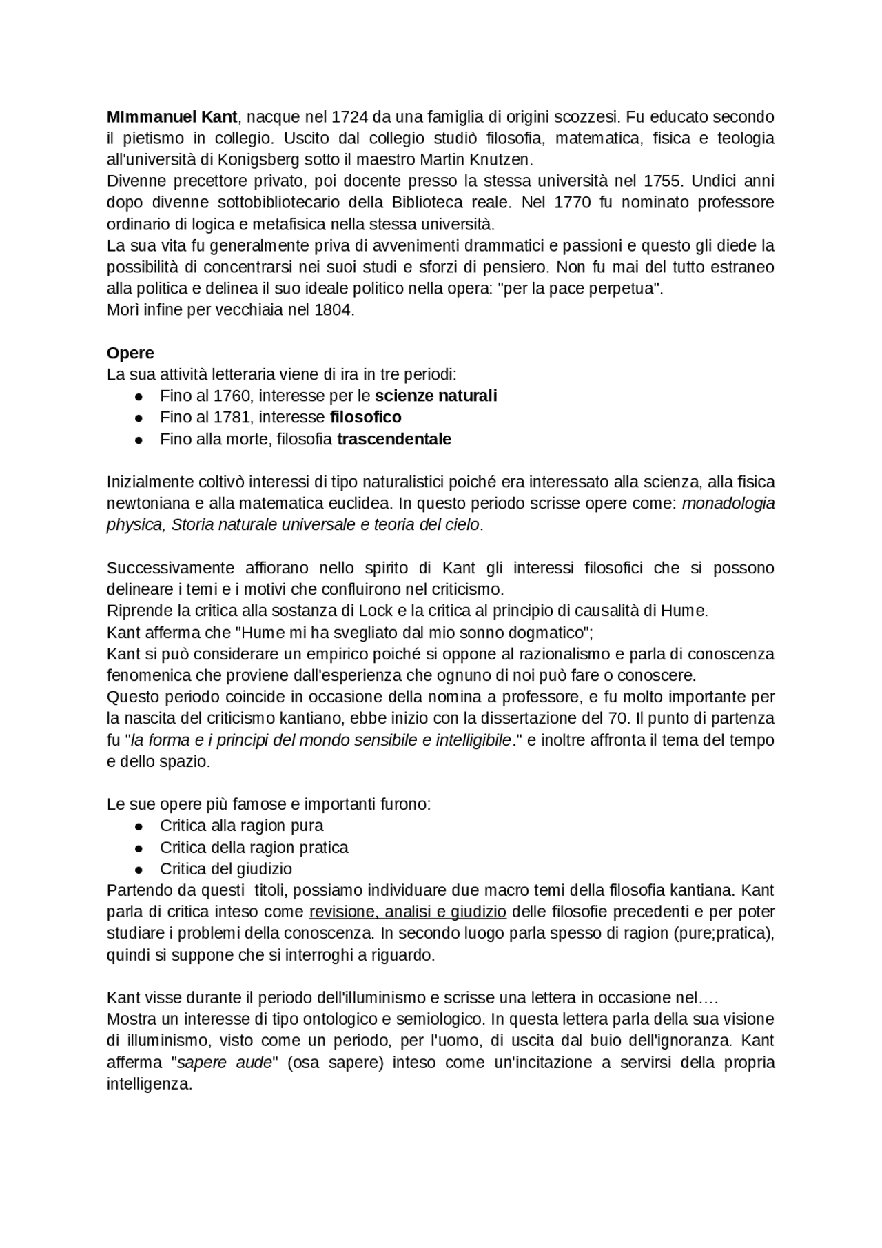 Immanuel Kant E Critica Della Ragion Pura Appunti Di Filosofia Docsity