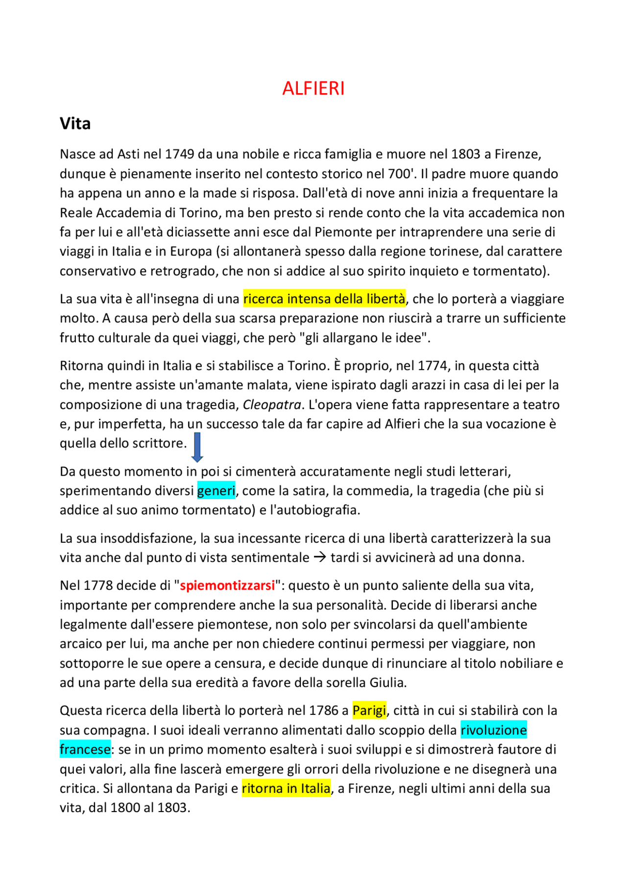 Alfieri, riassunto della vita | Appunti di Lingue e letterature classiche | Docsity