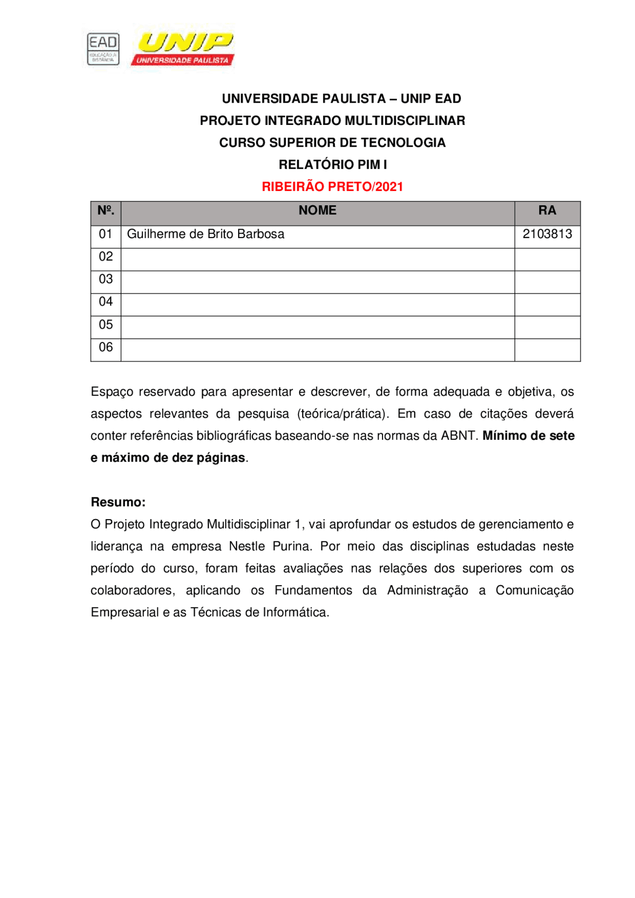 Projeto Integrado Multidisciplinar I Docsity