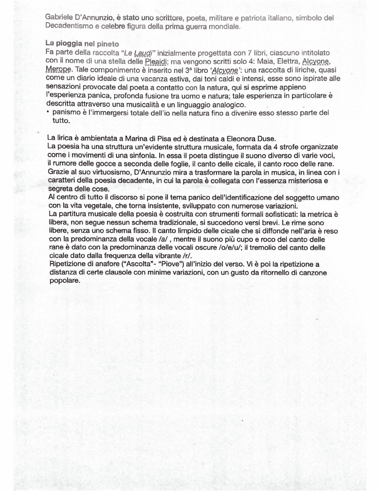 Gabriele Dannunzio La Pioggia Del Pineto Docsity