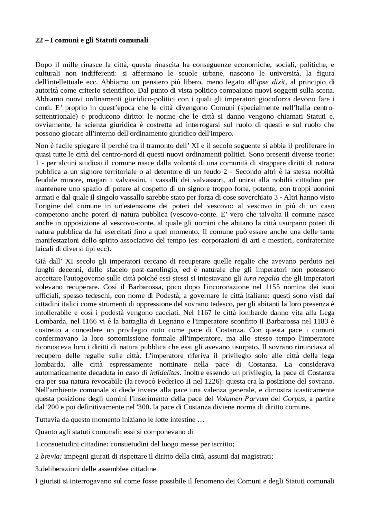 I COMUNI E GLI STATUTI COMUNALI - Docsity