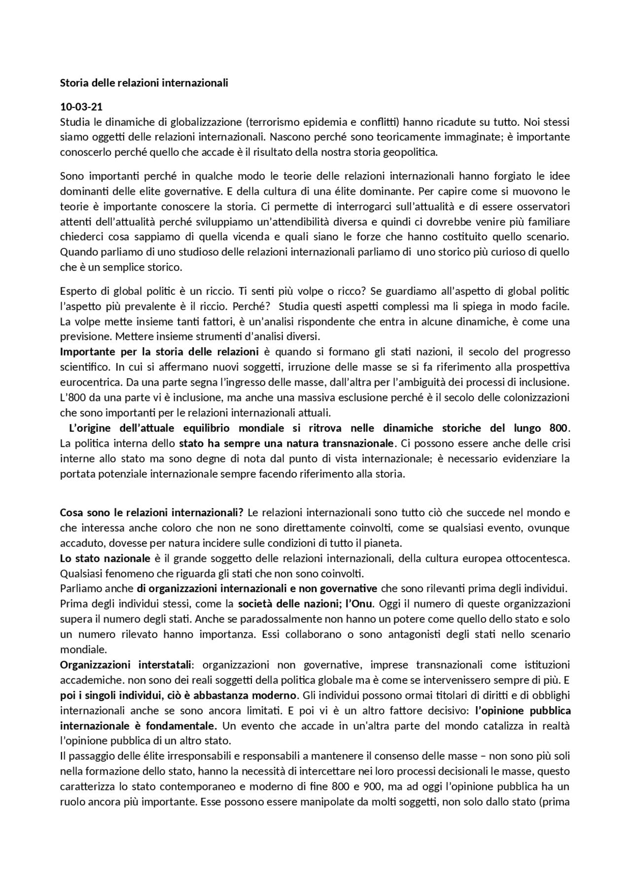 Appunti Completi Dellintero Corso Di Storia Delle Relazioni Docsity