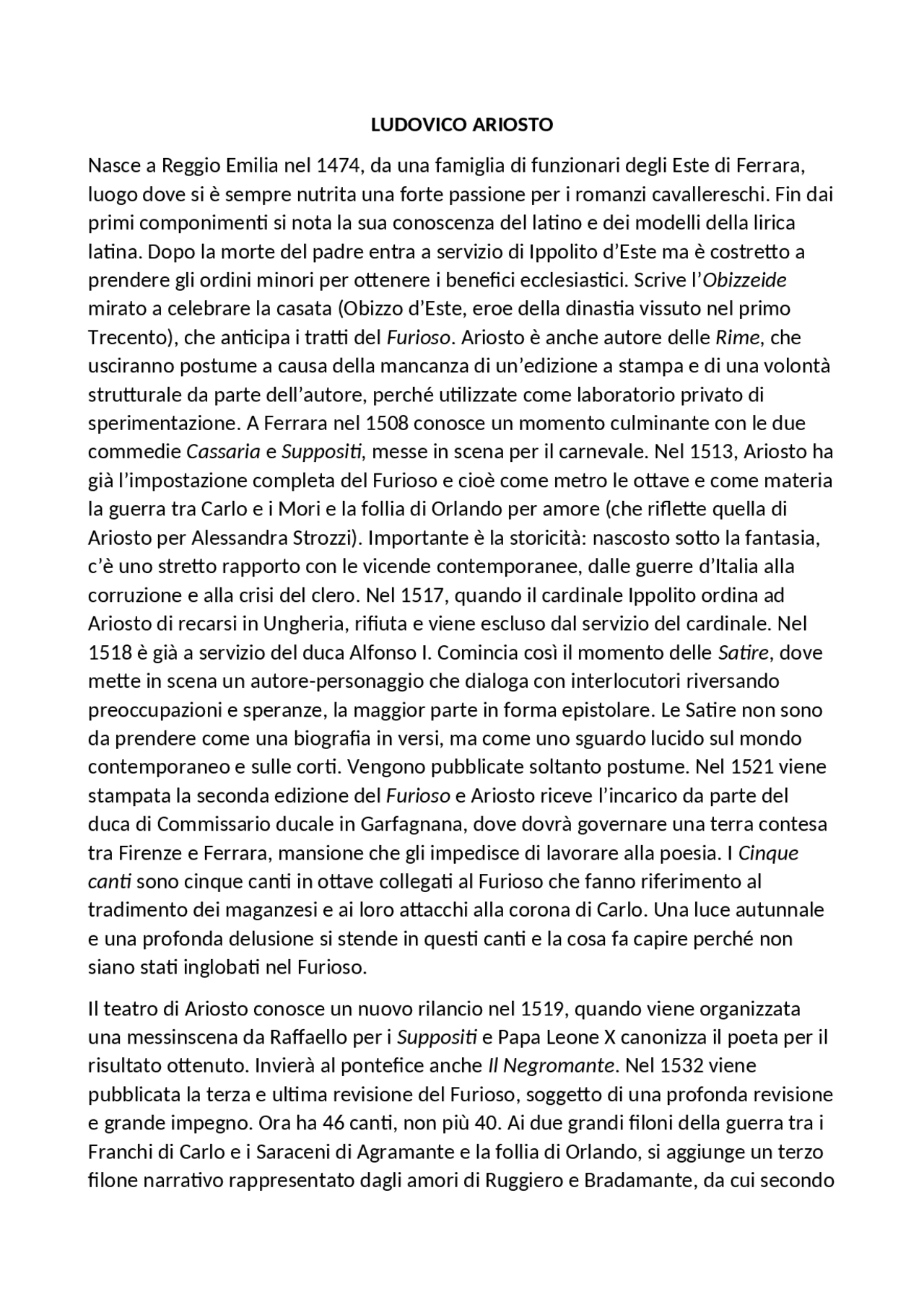 Ludovico Ariosto Vita E Opere Docsity