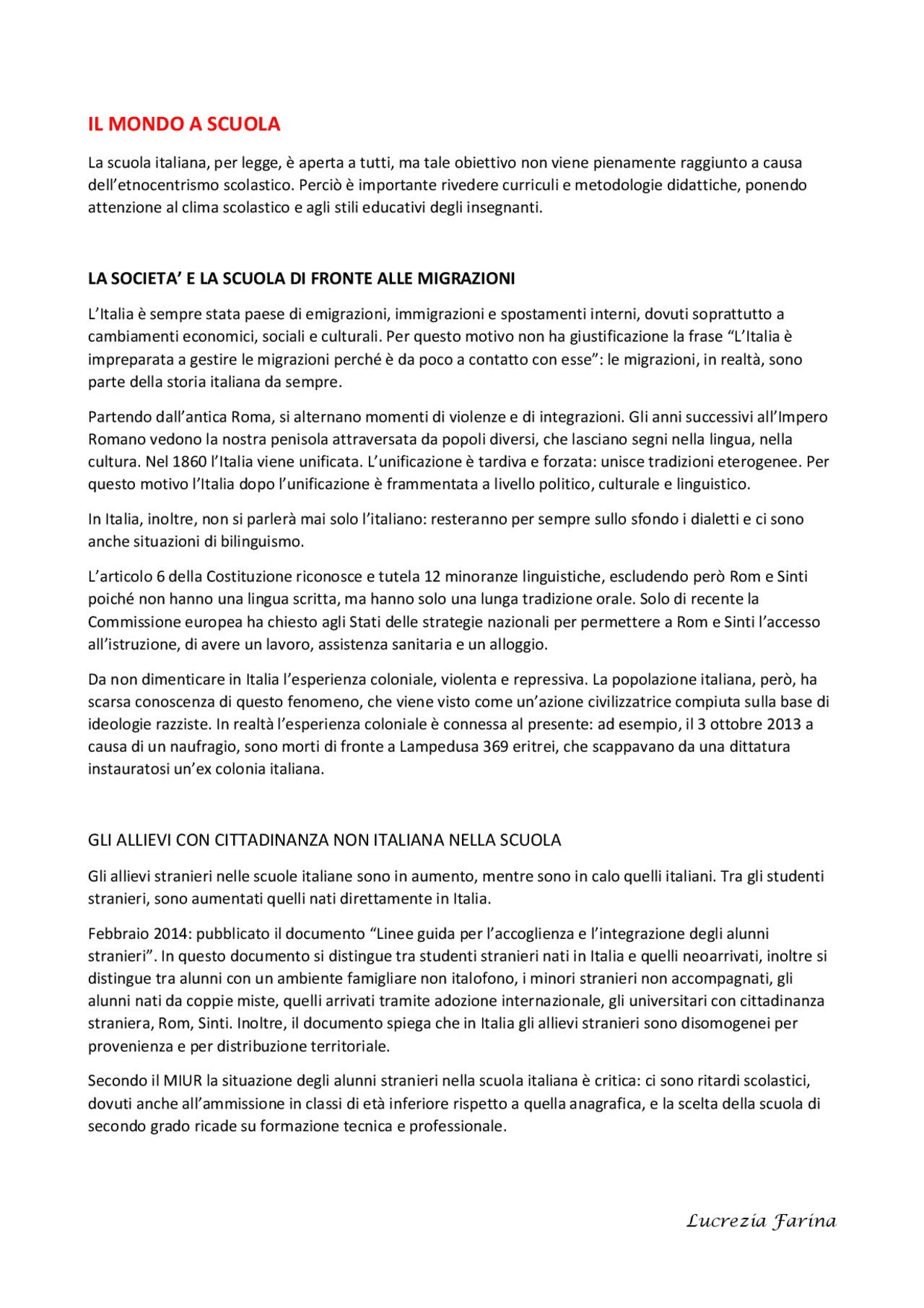 Il Mondo A Scuola Per Uneducazione Interculturale Docsity