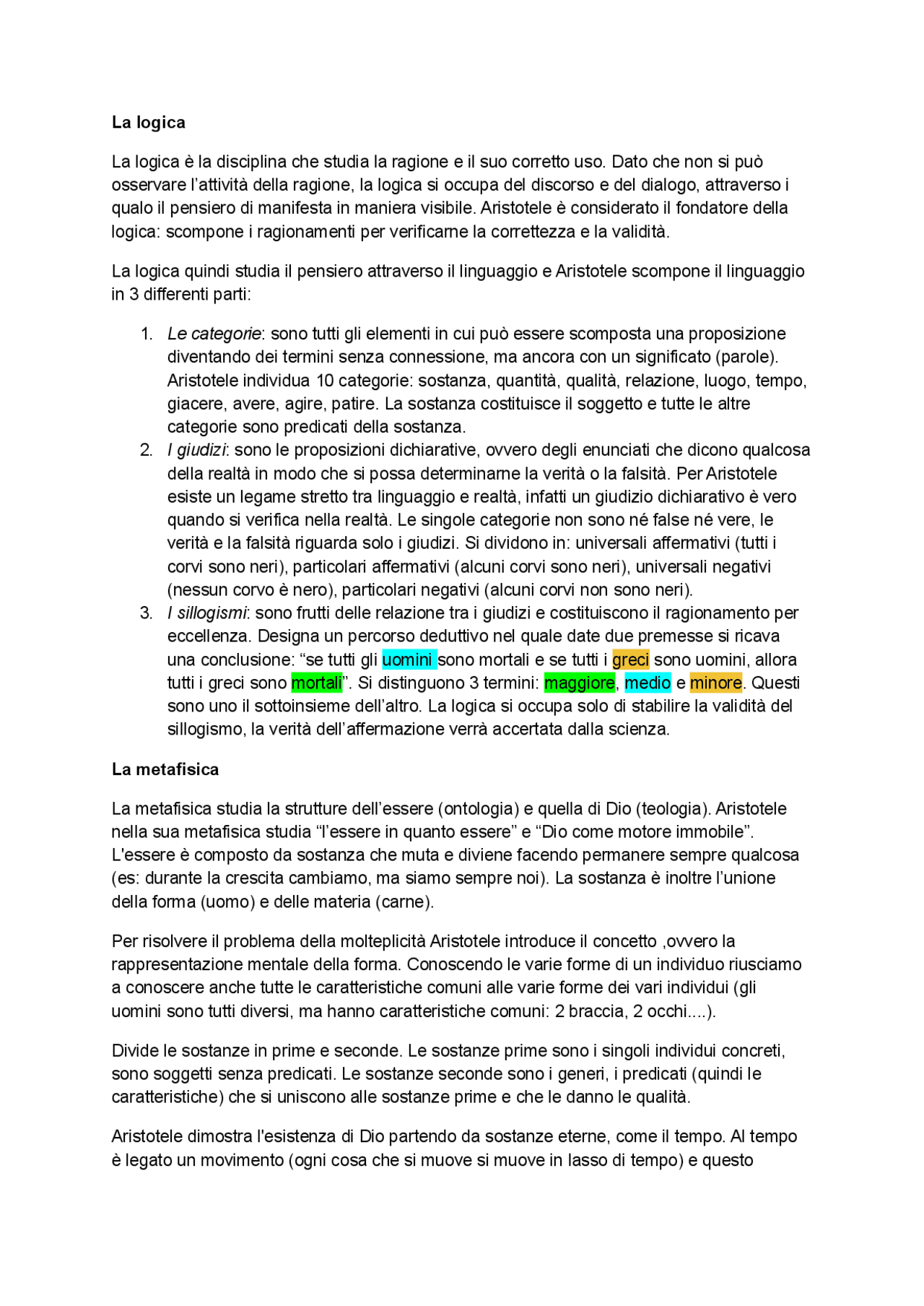 Appunti Su Aristotele Spiegato In Sintesi Docsity