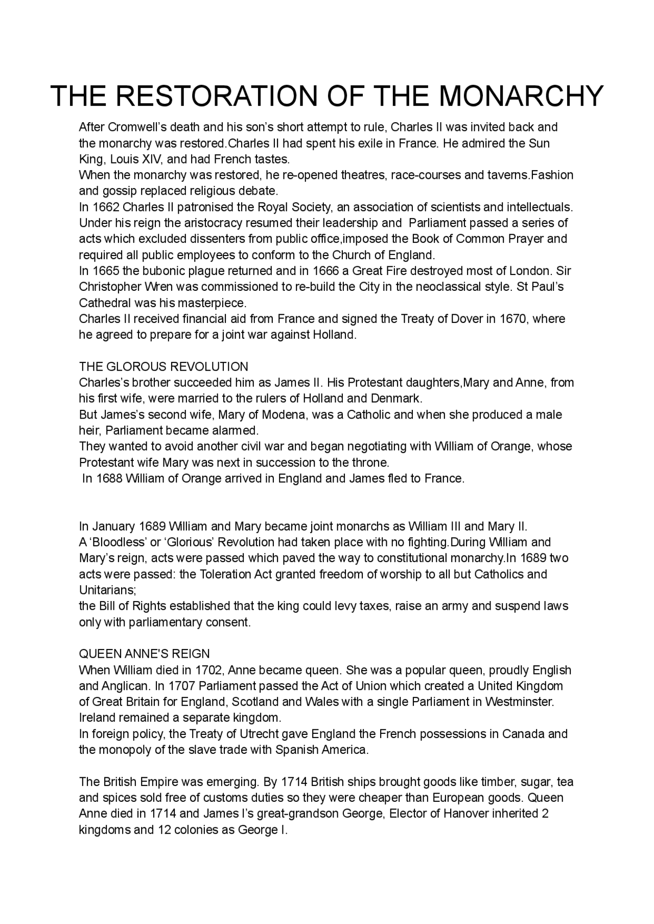 THE RESTORATION OF THE MONARCHY - Docsity