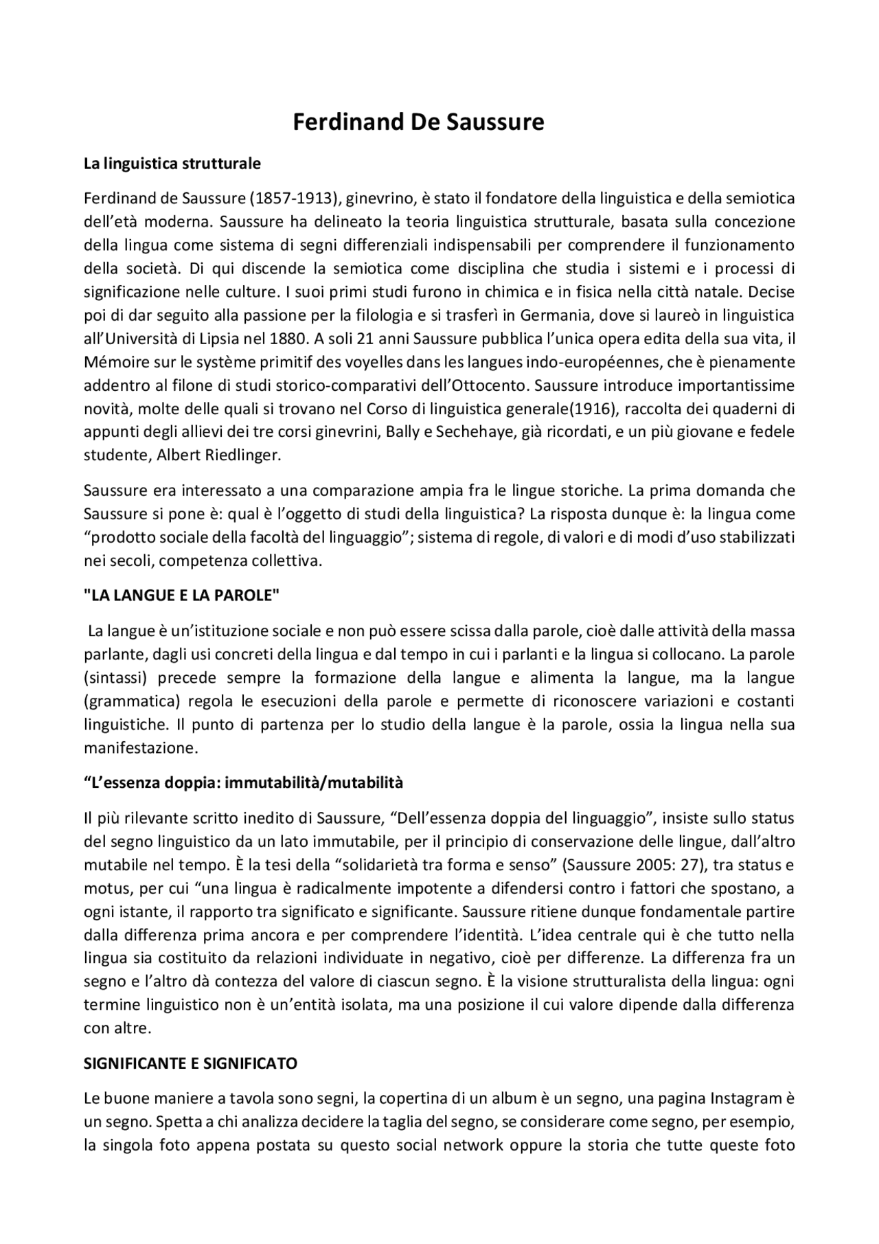 Ferdinand De Saussure Riassunto Docsity