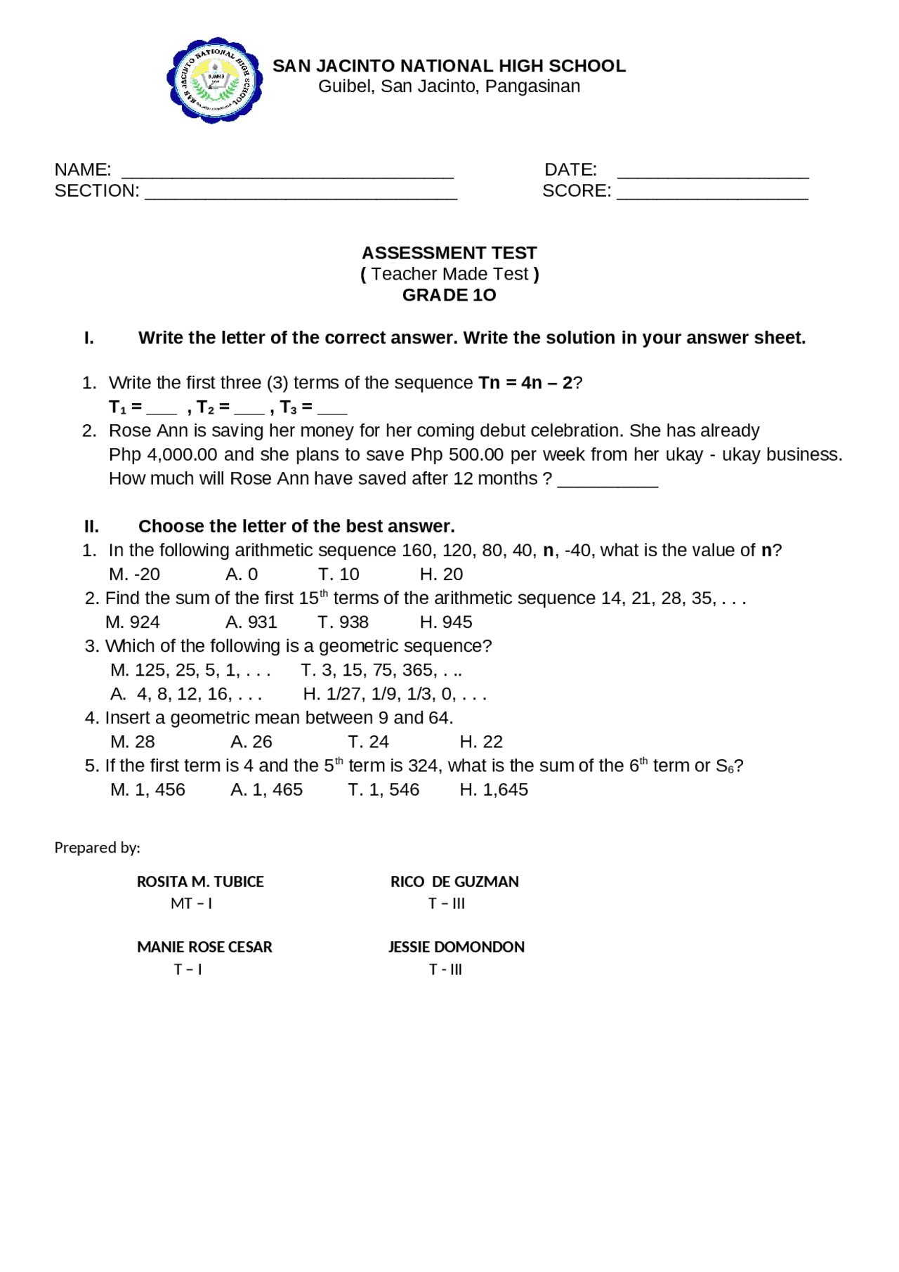 TEACHER MADE TEST QUARTER 1 - Docsity