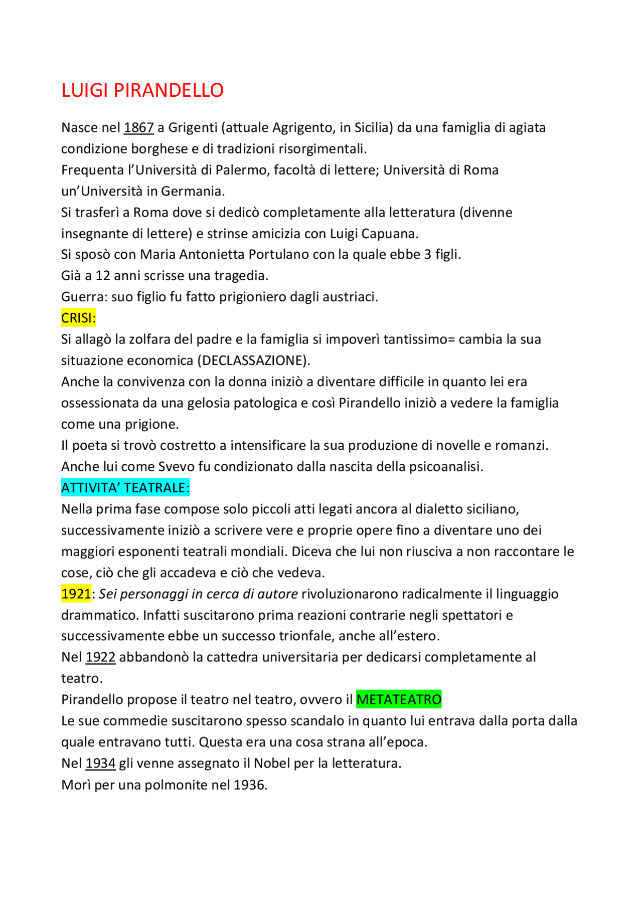 Luigi Pirandello Riassunto Docsity