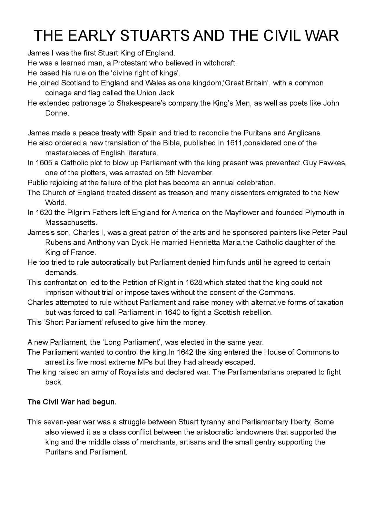 THE EARLY STUARTS AND THE CIVIL WAR - Docsity