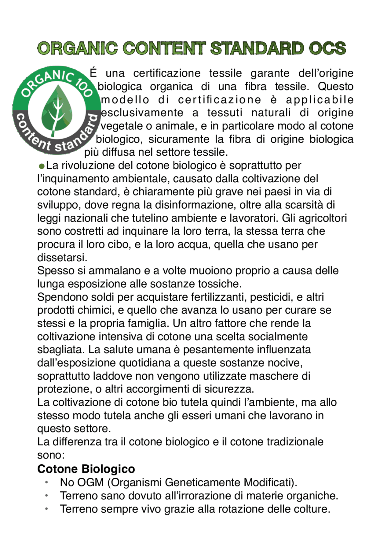 Certificazione organic content standard OCS - Docsity