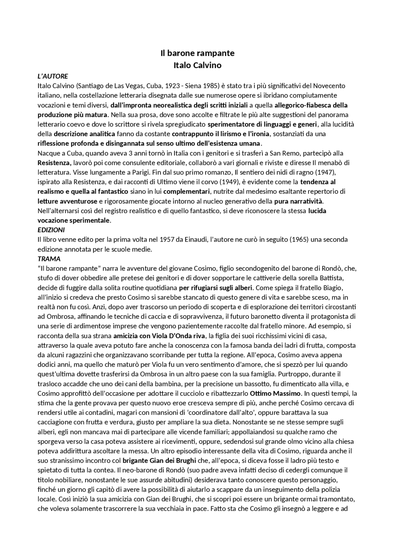 Scheda Libro Riassunto E Breve Analisi De Il Barone Rampante Docsity