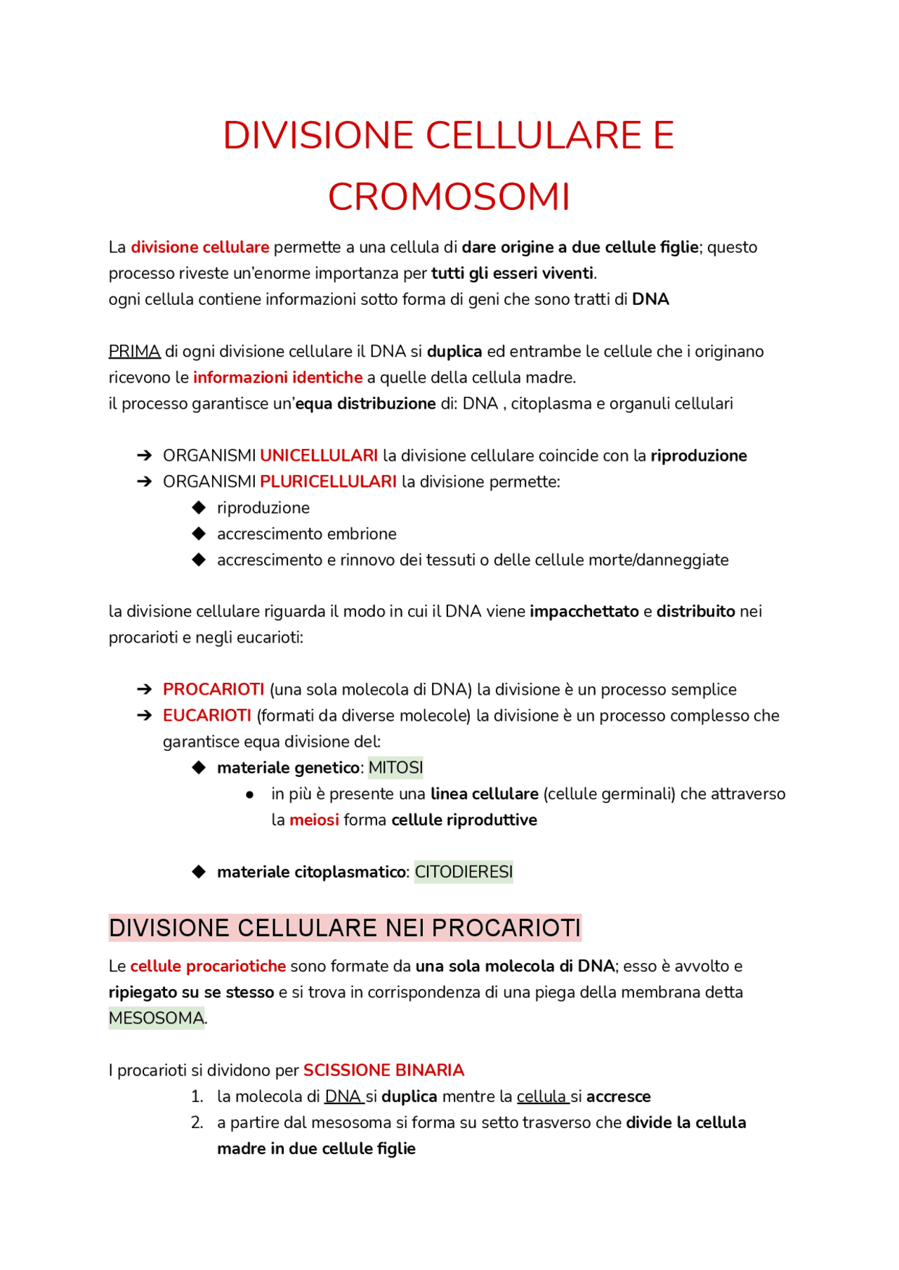 Divisione Cellulare E Cromosomi Docsity