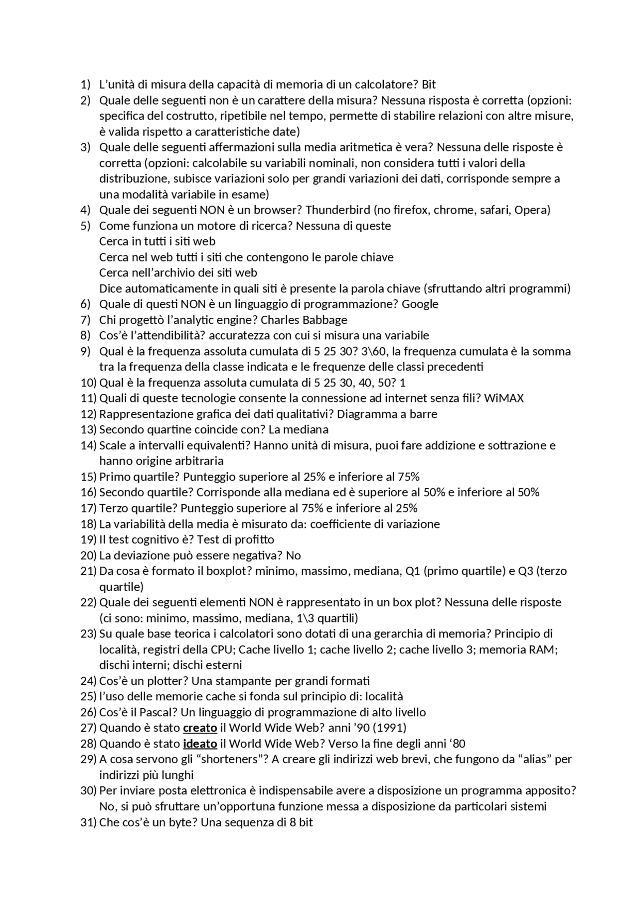 Domande Esami Informatica E Statistica Cod 40056 Docsity