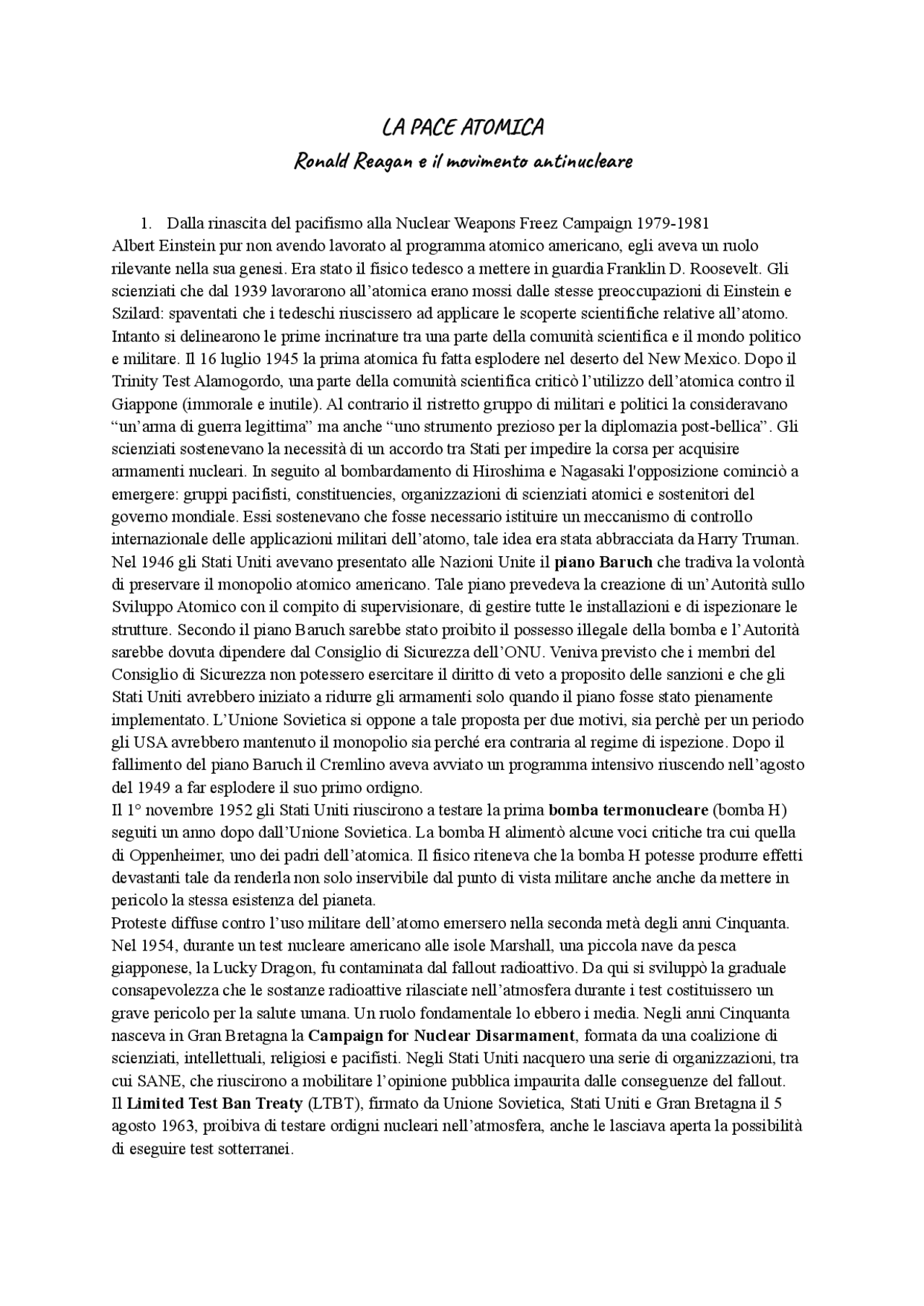 Riassunto La Pace Atomica Docsity