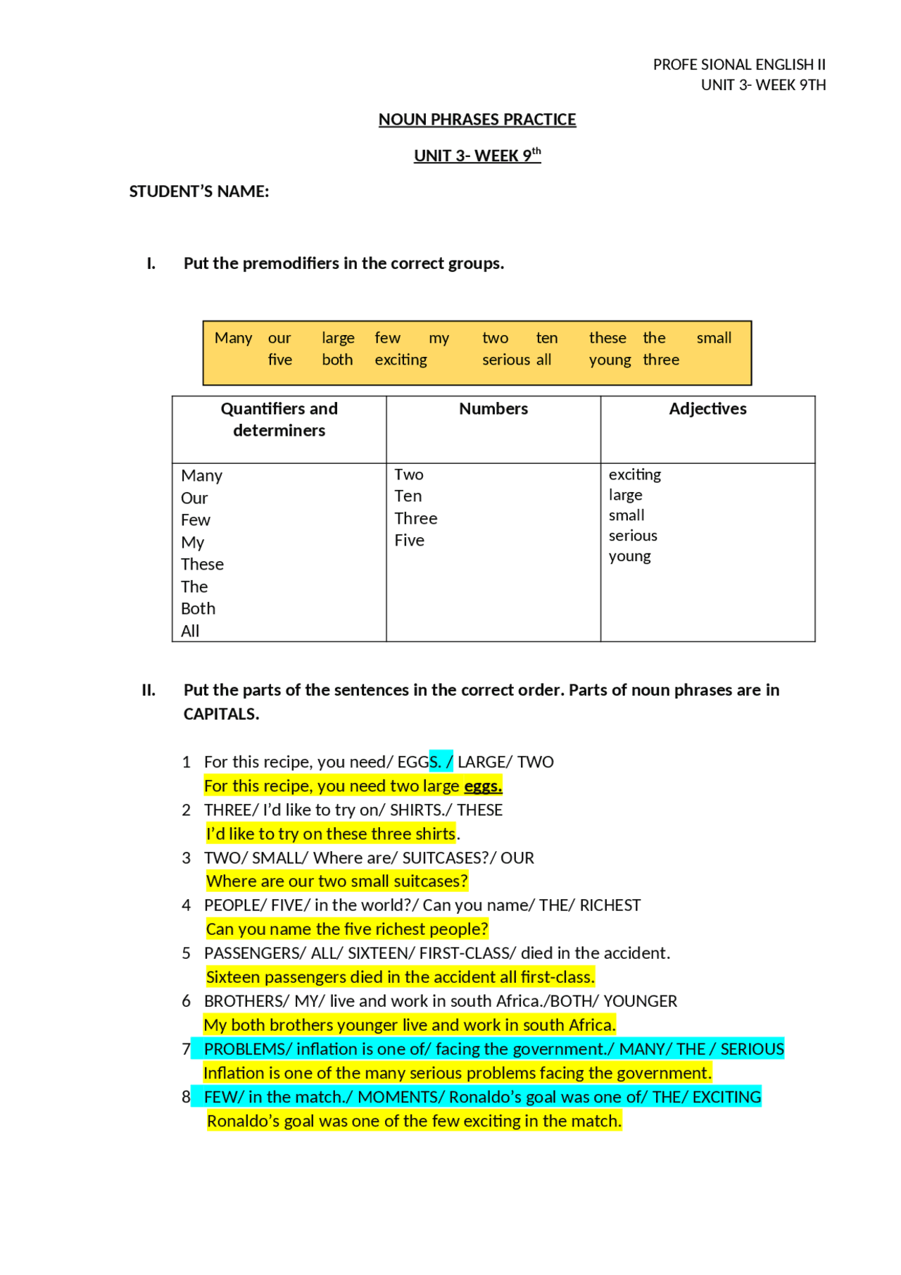 NOUN PHRASES PRACTICE - Docsity
