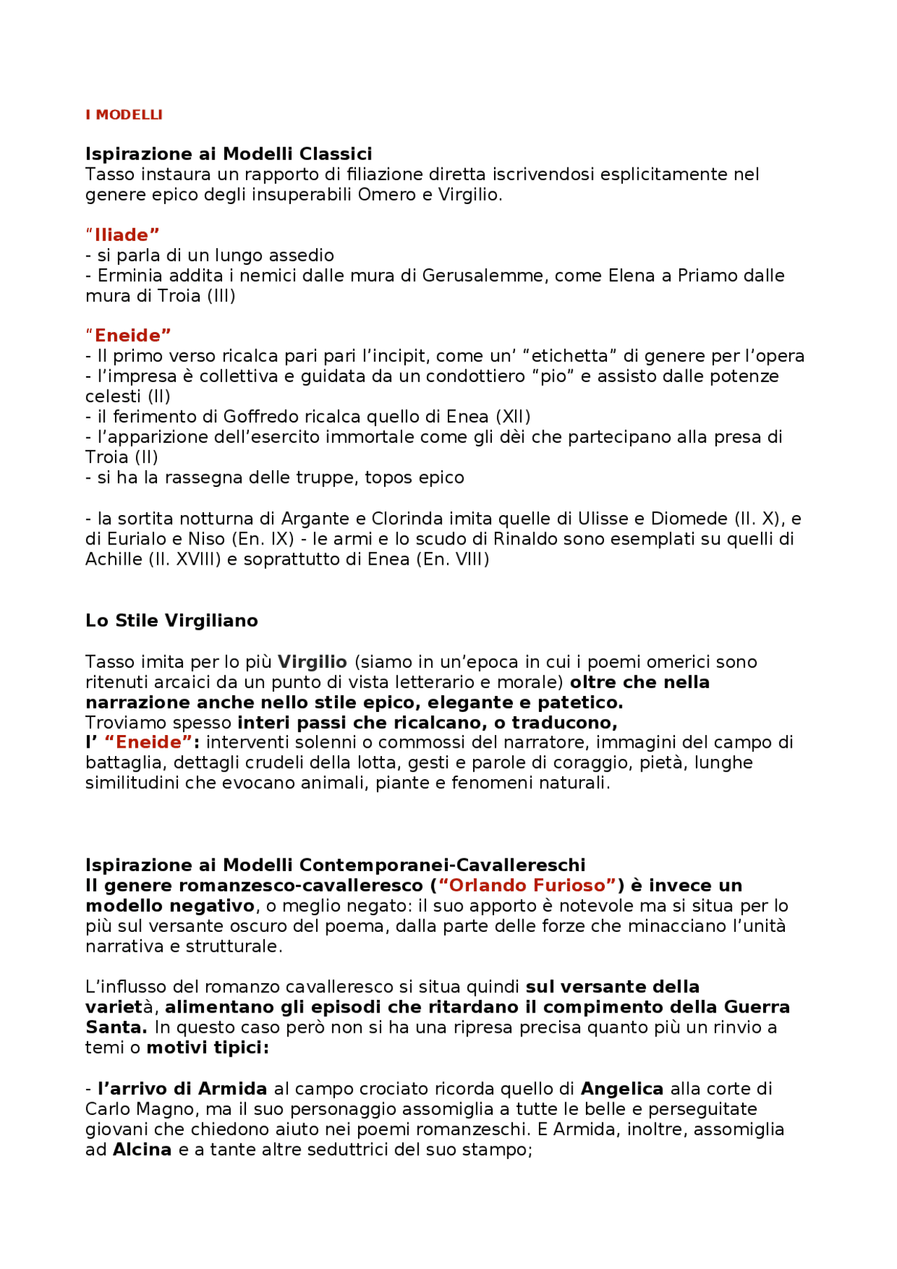 I Modelli Utilizzati Da Tasso Nelle Sue Opere Docsity