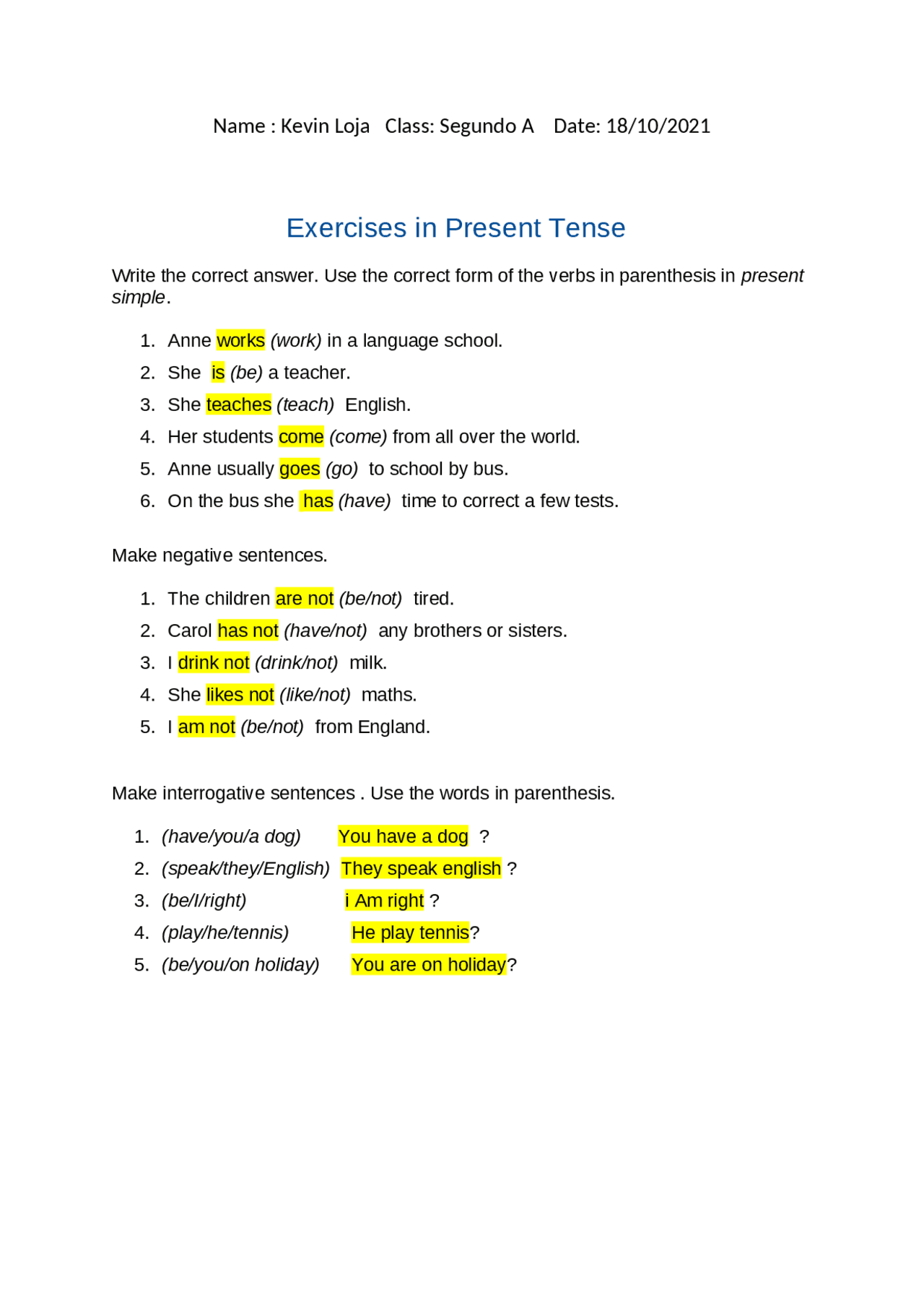 Presente simple ingles - Docsity