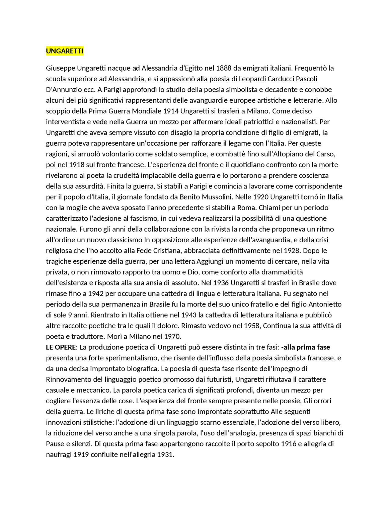 Giuseppe Ungaretti E Alcune Opere Docsity