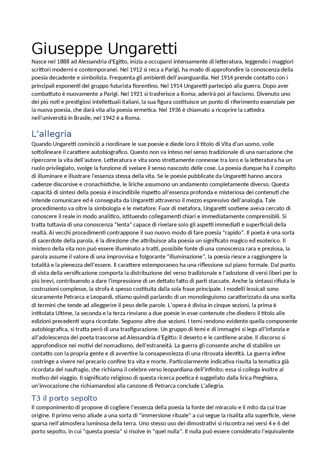 Ungaretti E Montale Riassunto Vita E Opere Docsity