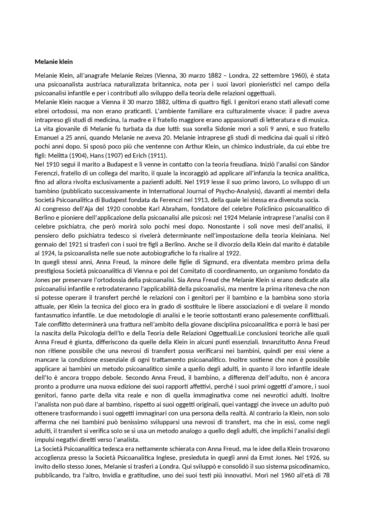 Melanie Klein Psicologia Dinamica Docsity