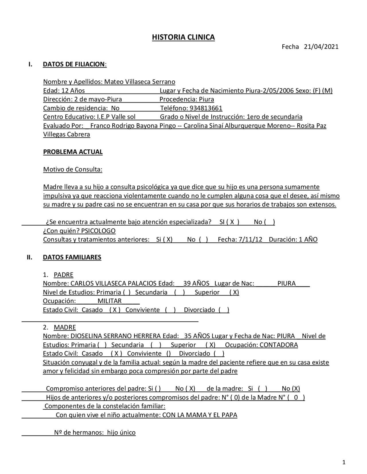 Anamnesis De Consultorio De Niños Docsity